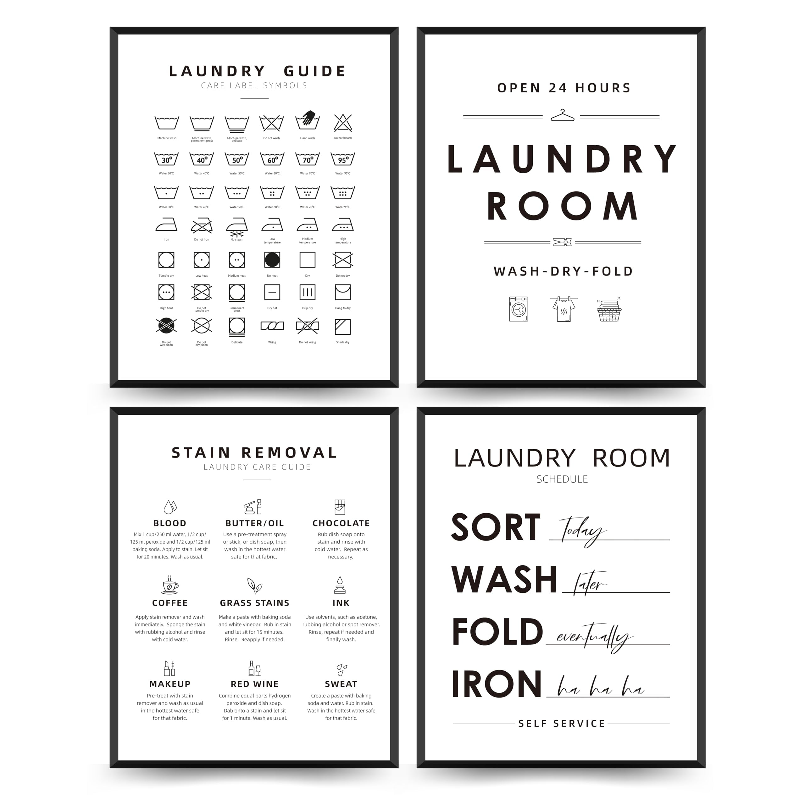 PLKMN Laundry Room Wall Art Print Set of 4, Laundry Symbols Wall Decor ...