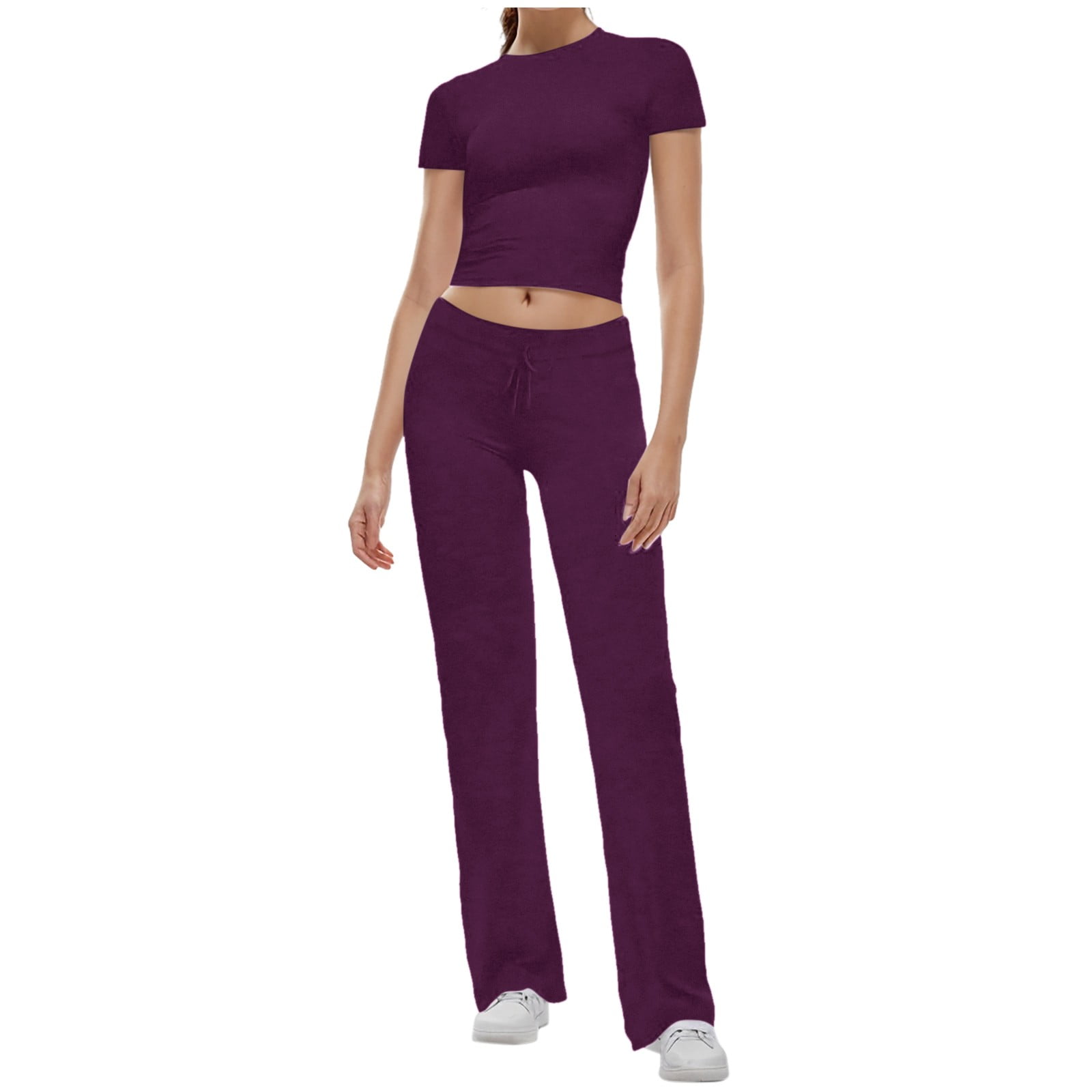 PLLFRLRT Lounge Sets For Women Short Sleeve Crop Tops Drawstring Wide ...