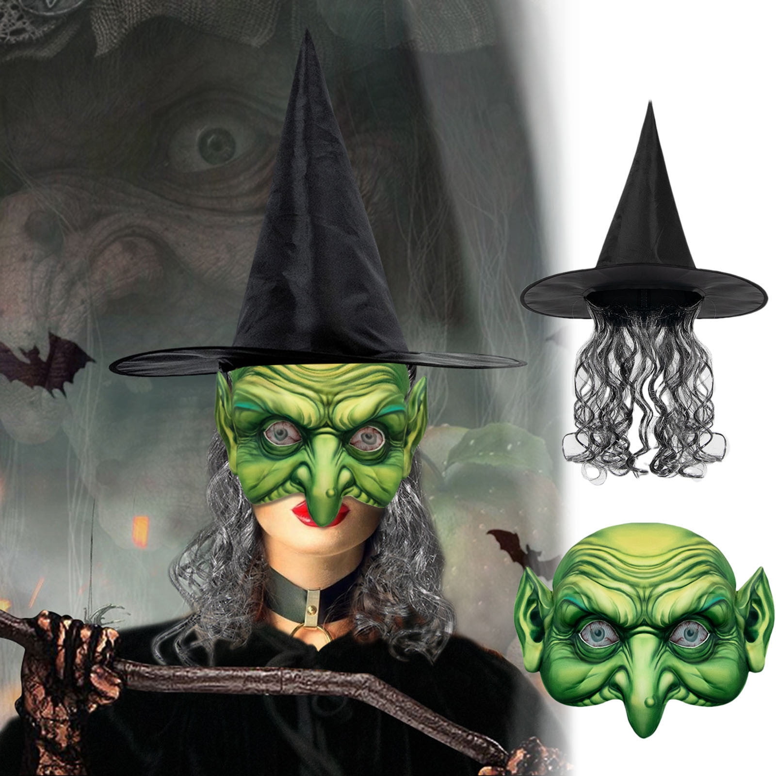 PLPPYFS Halloween Decorations, Halloween Witch Mask With Hat Long Hair ...