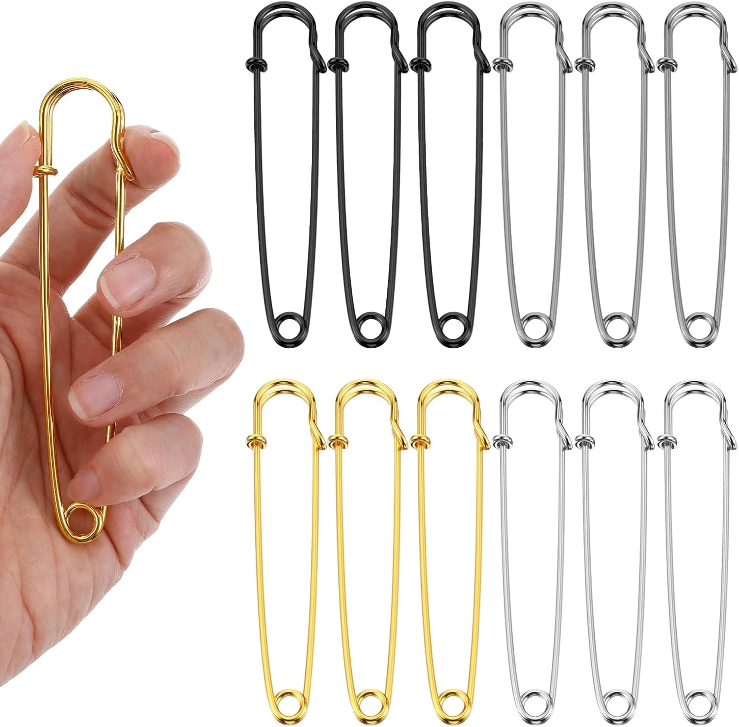 PLUMYHG-12 Pack Large Safety Pins 4" Heavy Duty Black Safety Pins for ...