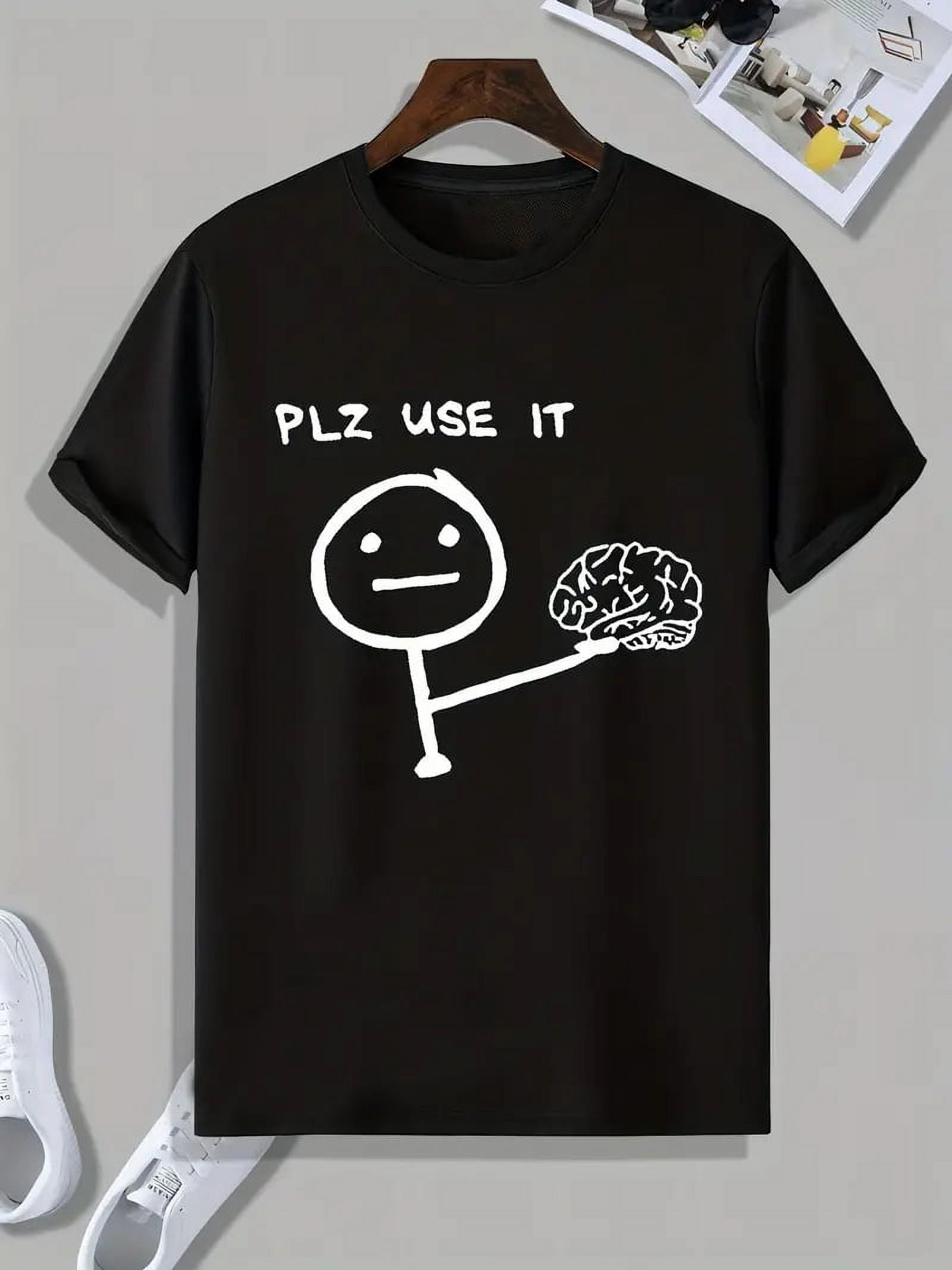PLZ USE IT Brain Cartoon Print Men's Fun Short Sleeve Round Neck T ...