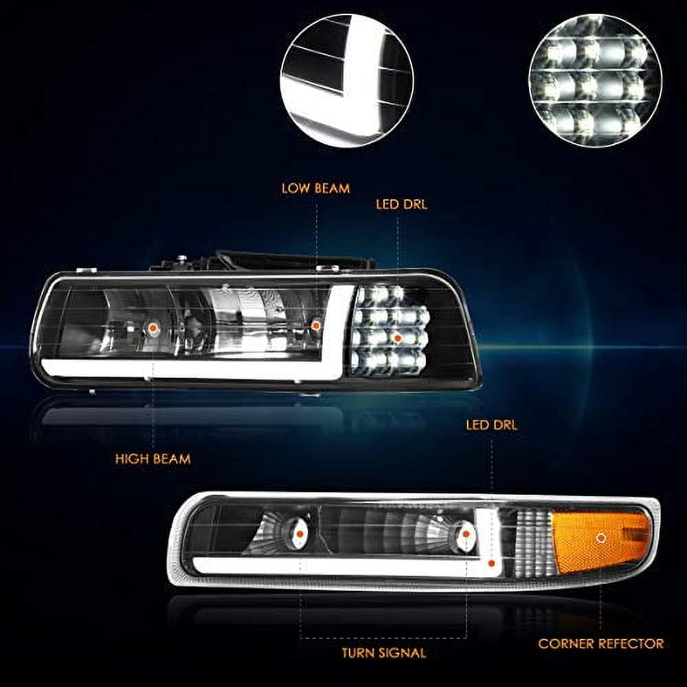 PM PERFORMOTOR LED DRL Black Amber Pair Headlight Bumper Lamps Compatible with 99-02 Silverado ...