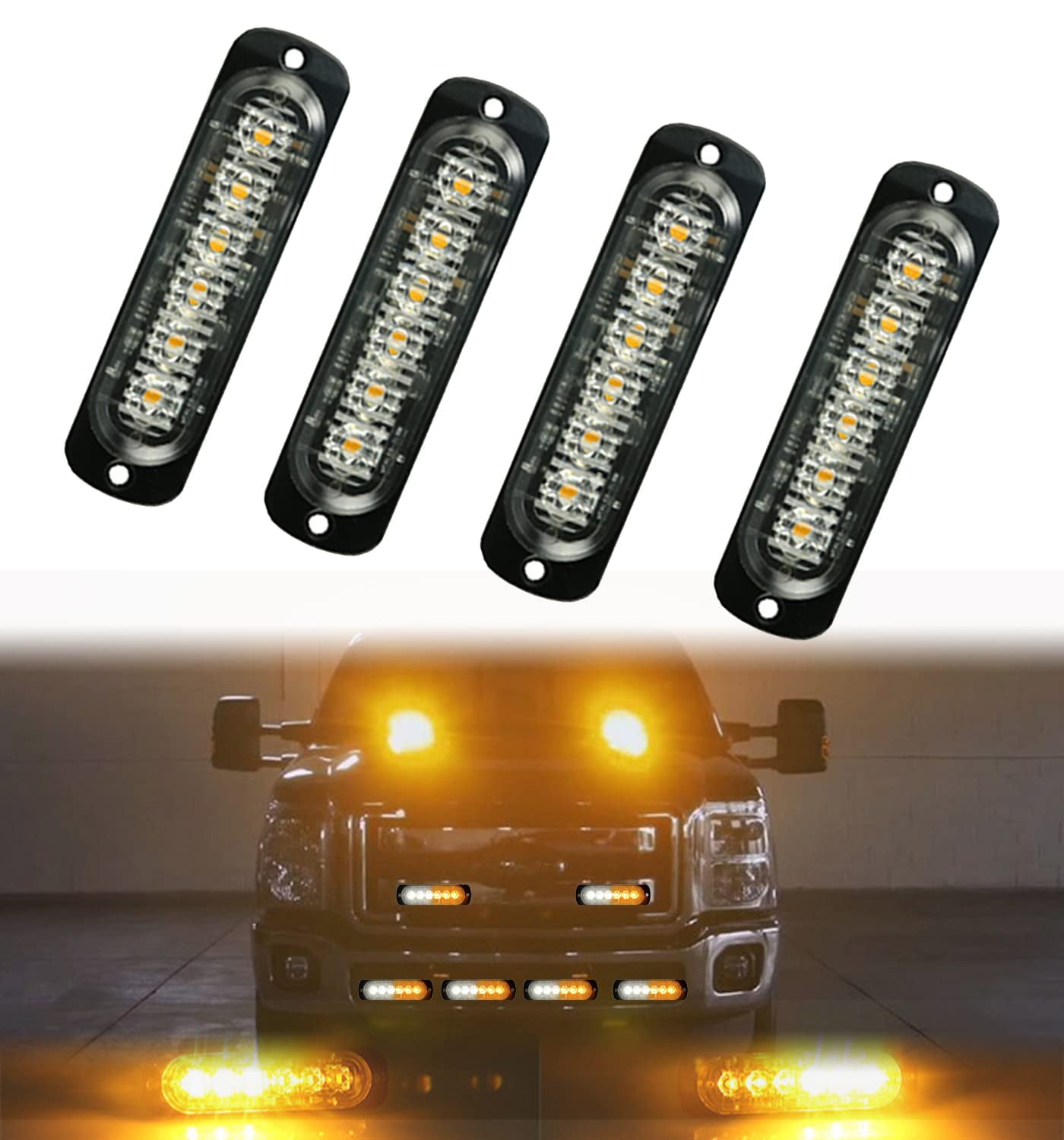 PME AUTO (4 Pack, Amber/White) LED Strobe H2FSDLight, 6-LED High ...