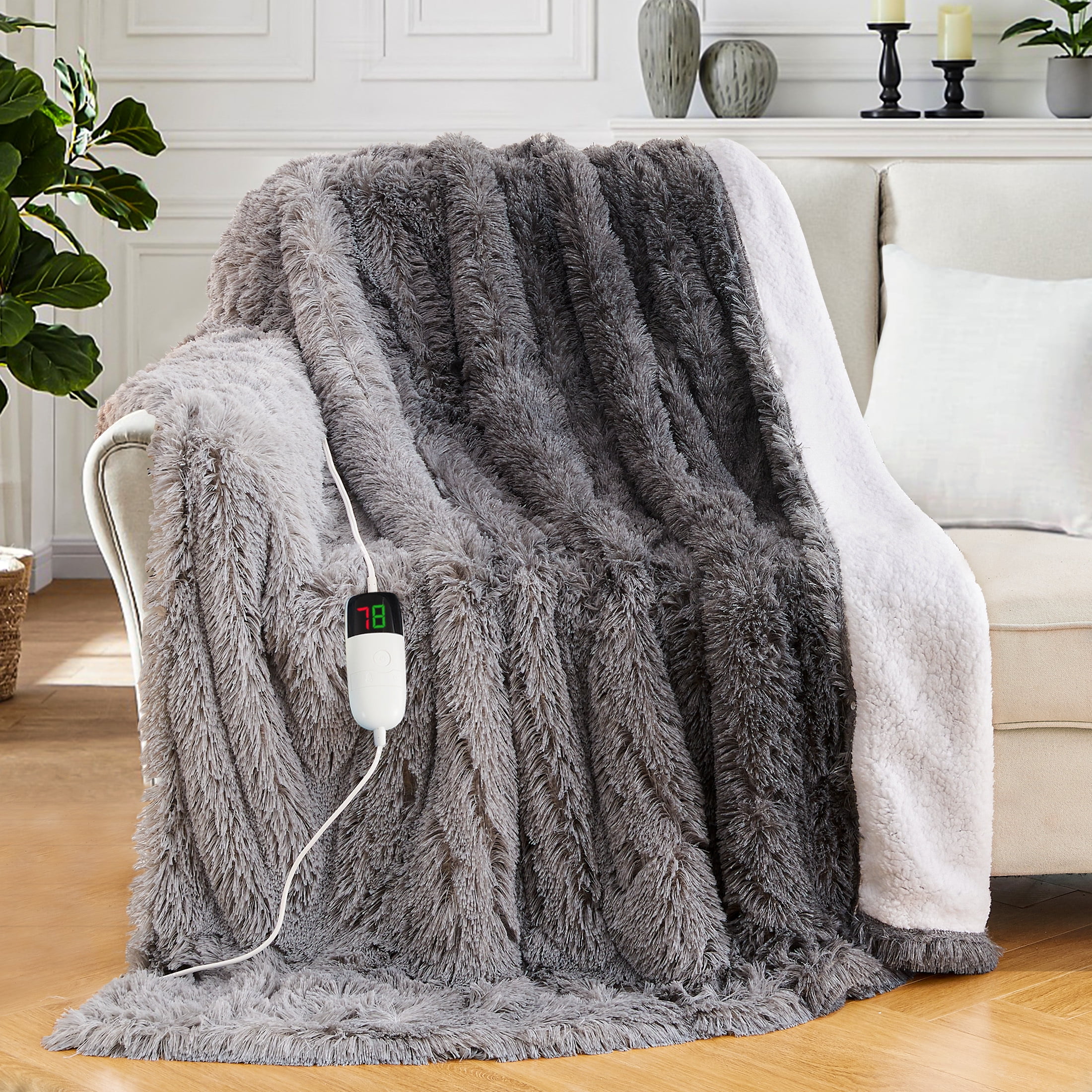 PMONPA Electric Heated Blanket， Soft Flannel & Sherpa Heating Blanket with 10 Heating Levels & 8 ...