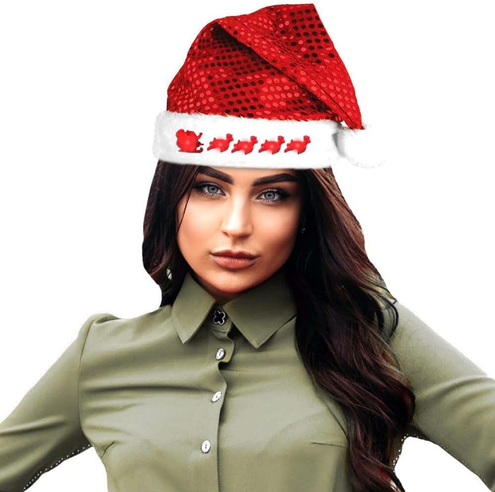 PMU Christmas Light-Up Sequin-Sheen Santa Hat With Reindeer Red/White ...