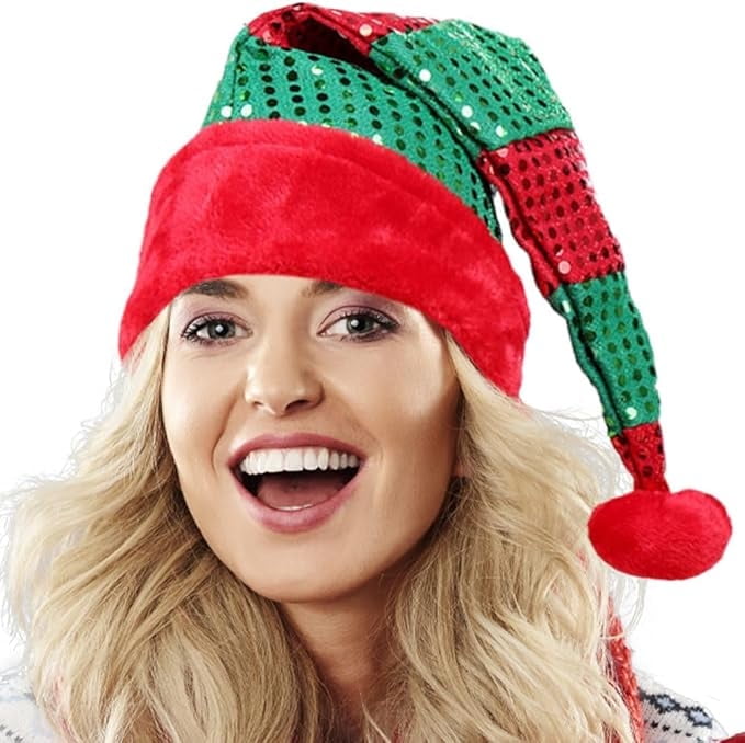 PMU Christmas Santa Hat Sequin Striped Red/Green Christmas Celebration ...