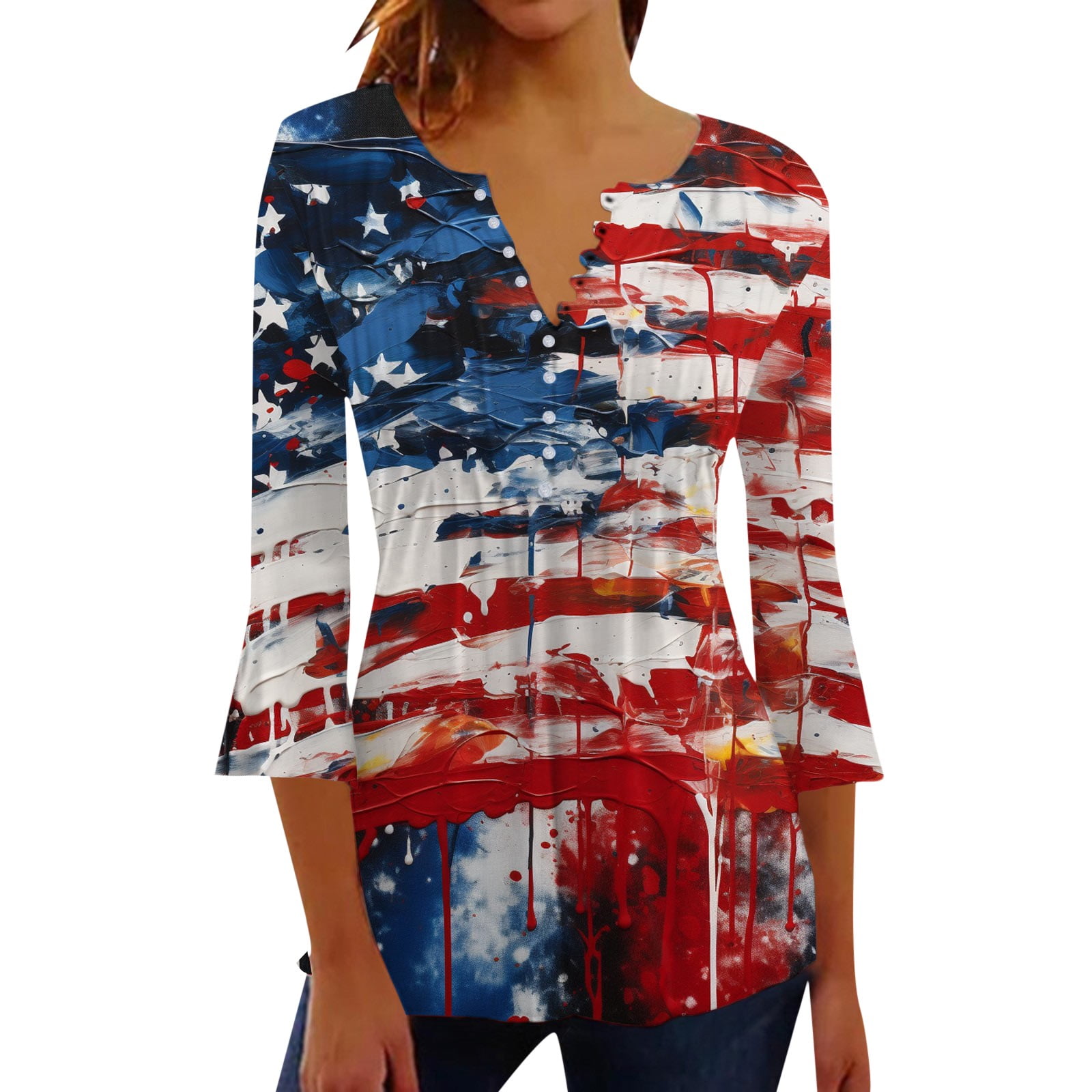 Pmuybhf Female 4th Of July Long Sleeve Dressy Tops For Women Womens