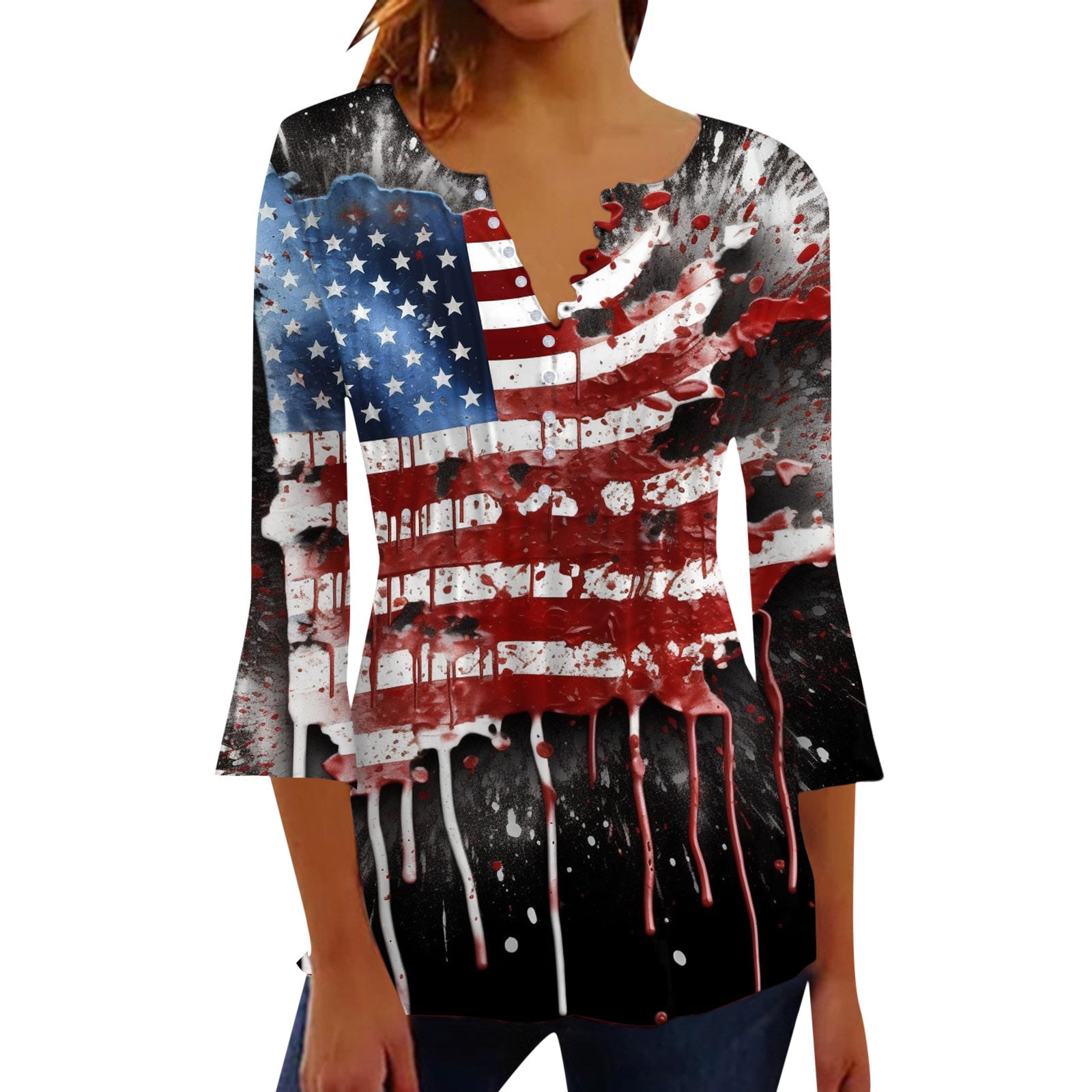 Pmuybhf Female 4th Of July Long Sleeve Dressy Tops For Women Womens