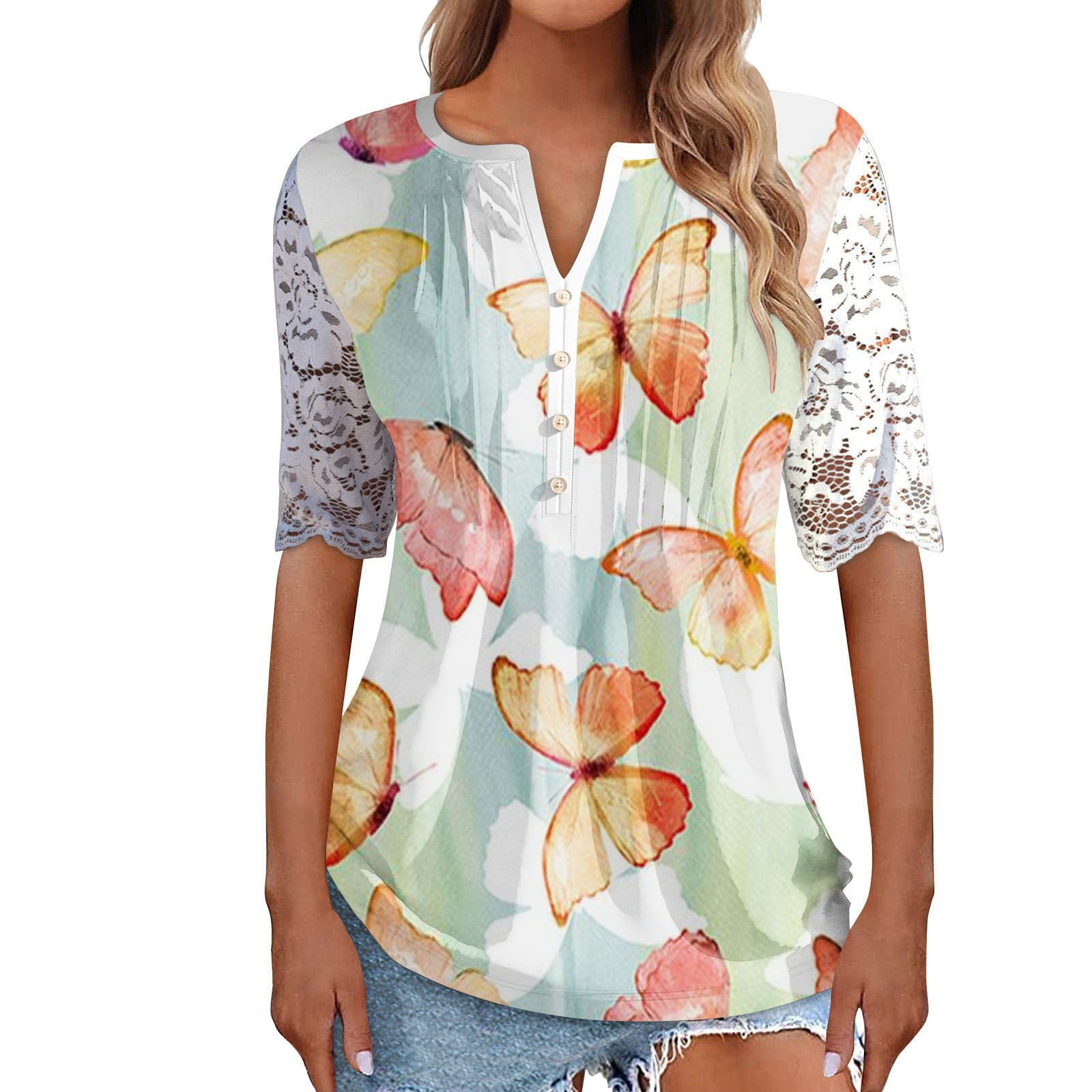 Pmuybhf Female 4th Of July Womens Shirts Casual Plus Size Lace Tops For