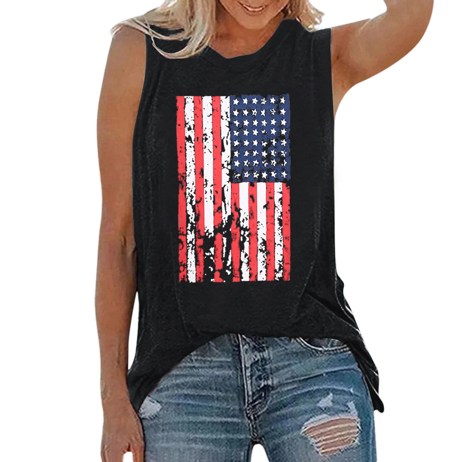 Pmuybhf Female M July 4 Red Tank Top Women Plus Size Womens Round Neck