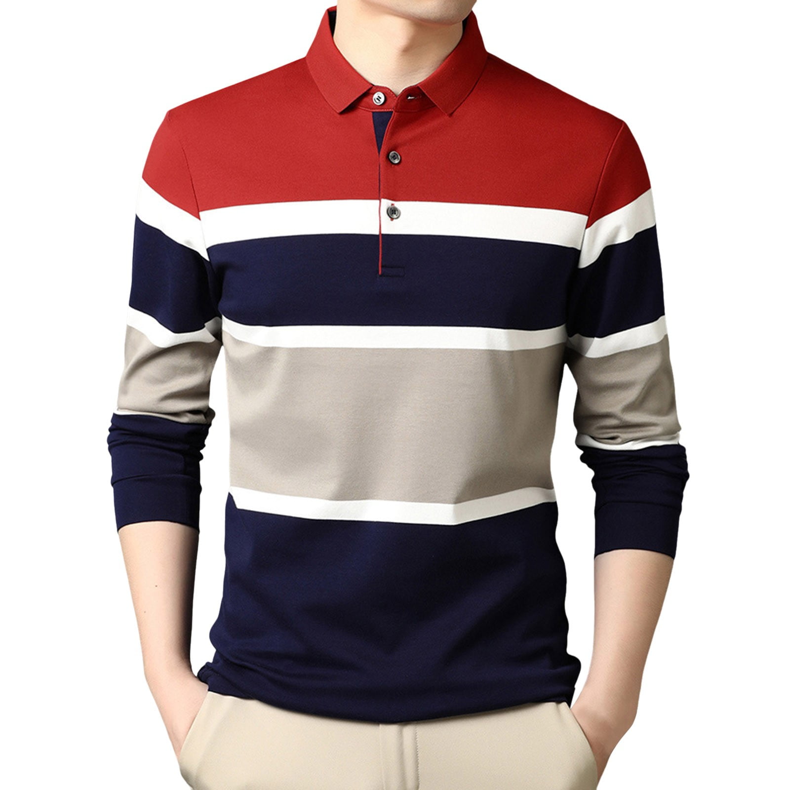 PMUYBHF Men Shirt Jacket Brown Male Shirts Long Sleeve Striped Casual ...