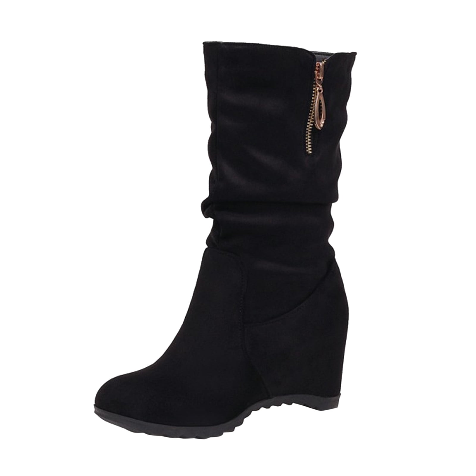 PMUYBHF Women Cowboy Boots Ladies Fashion Solid Color Suede Pleated ...