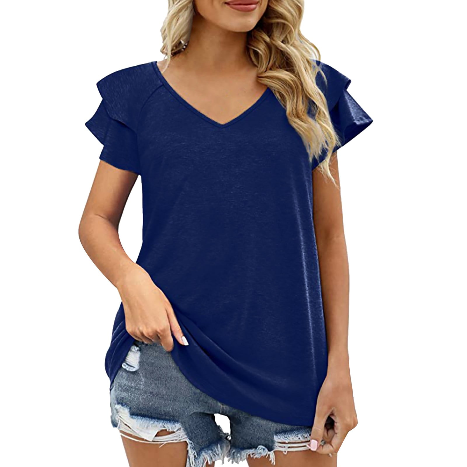 Pmuybhf Women Fashion July 4 Womens Tops Summer Double Ruffle Short