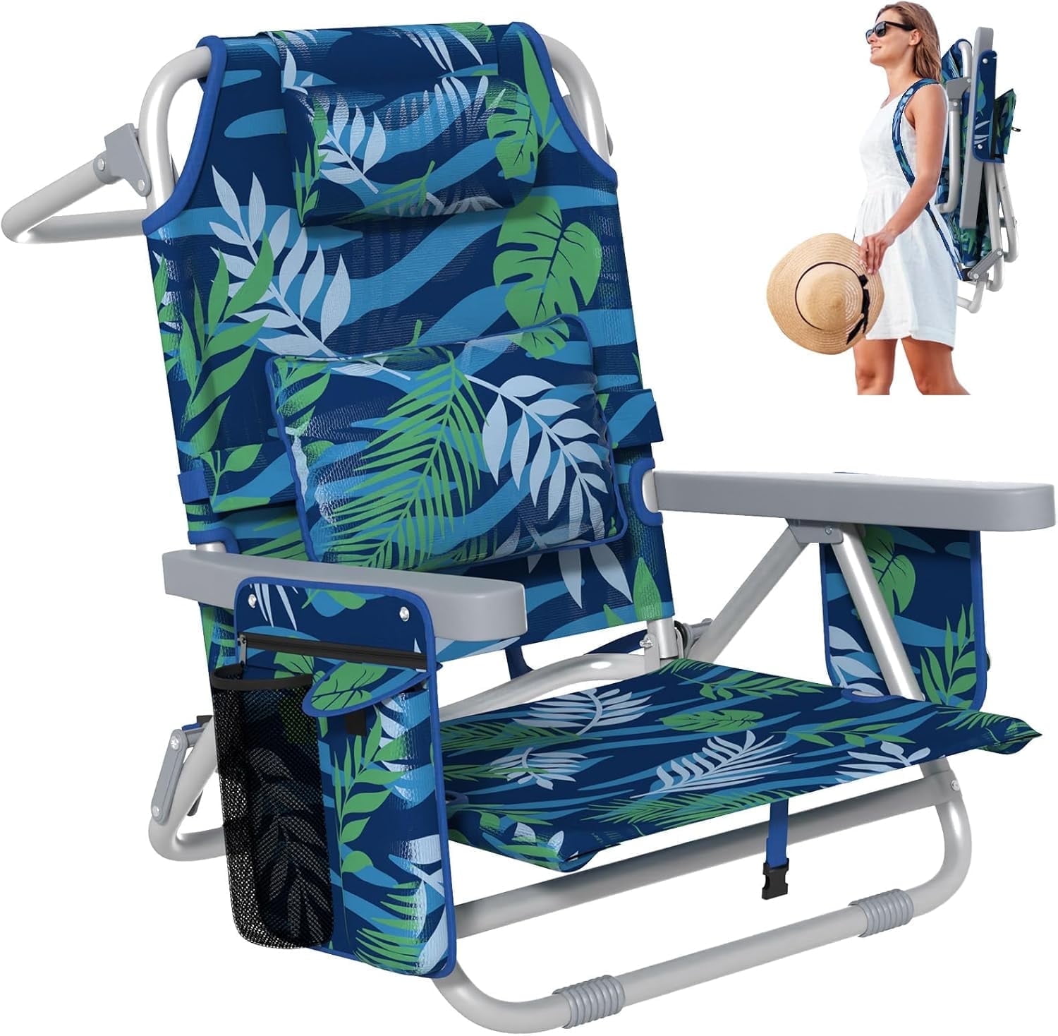 PNKKODW Backpack Beach Chair with 5 Adjustable Positions, Built-in ...
