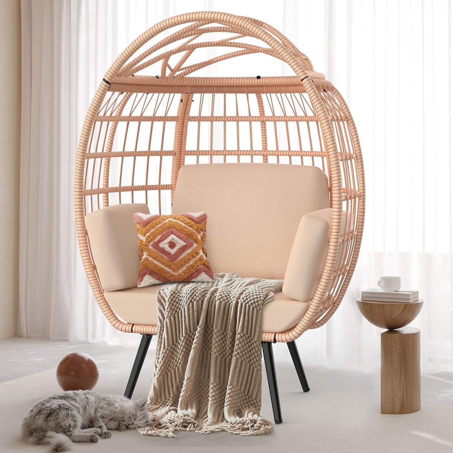 PNKKODW Wicker Standing Egg Chair w/ UV Cushions & Storage Bag, 370lb ...