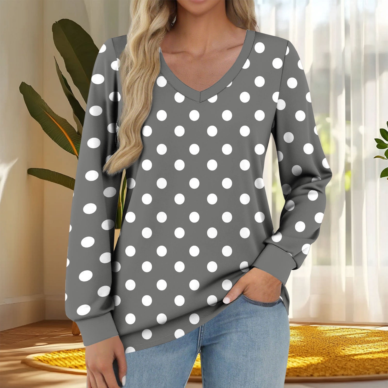 PNTUTB Women's Fashion Polka Dot Long Sleeve Casual V-Neck Pullover ...