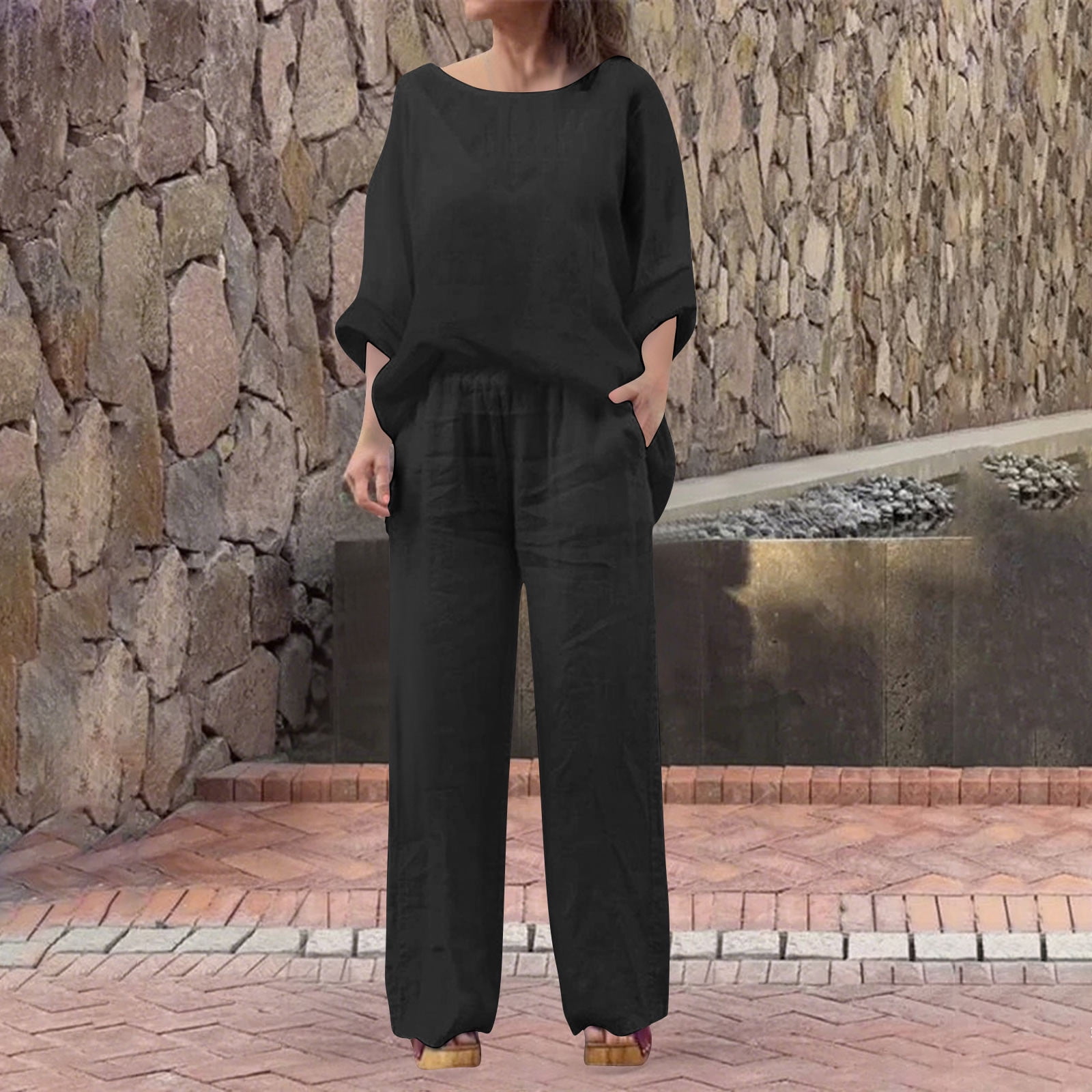 PNTUTB Women's Solid Color Long Sleeve Top Wide Leg Pants Casual Loose ...