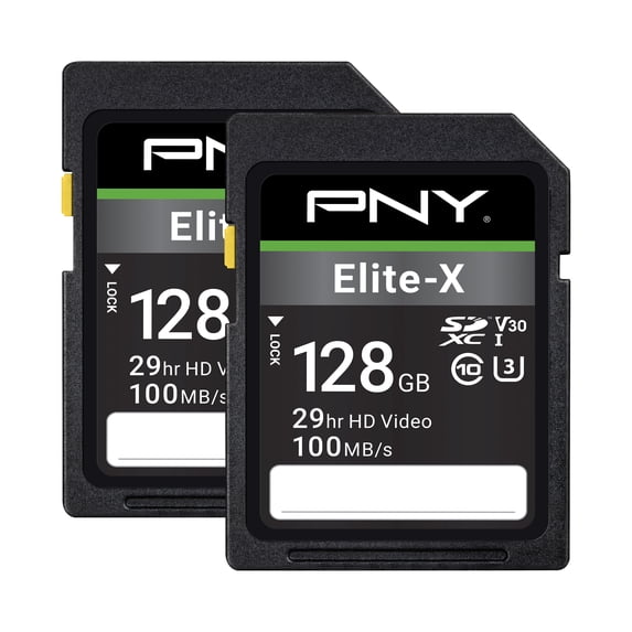 PNY 128GB Elite-X Class 10 U3 V30 SDXC Flash Memory Card, 2 Pack ...