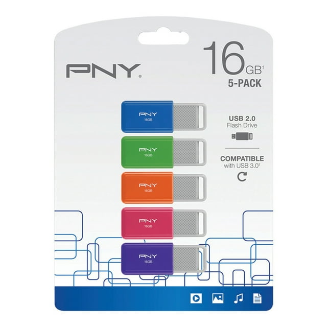 PNY USB 2.0 Flash Drives, 16GB, Assorted Colors, Pack Of 5 Flash Drives ...