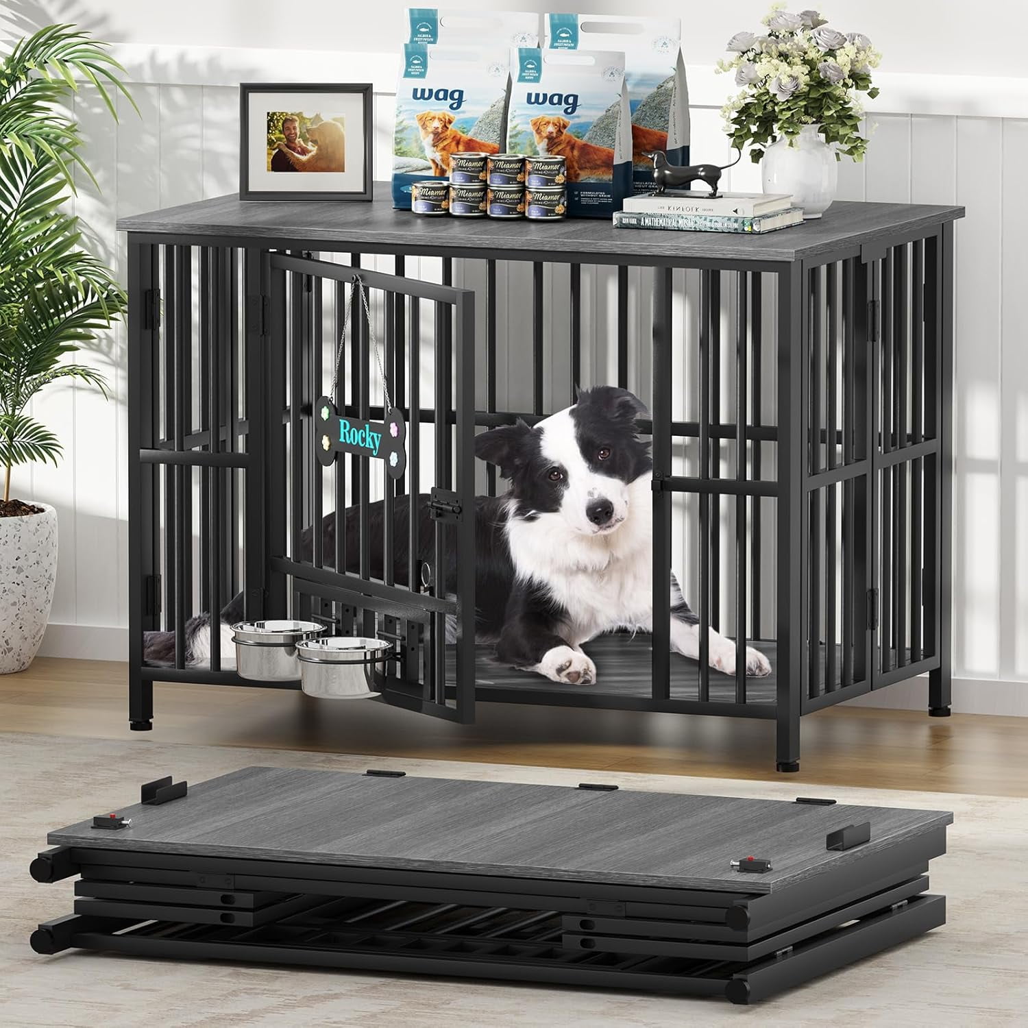 POAO 41"Dog Crate Furniture Foldable, No Assembly Dog Kennel Indoor for ...