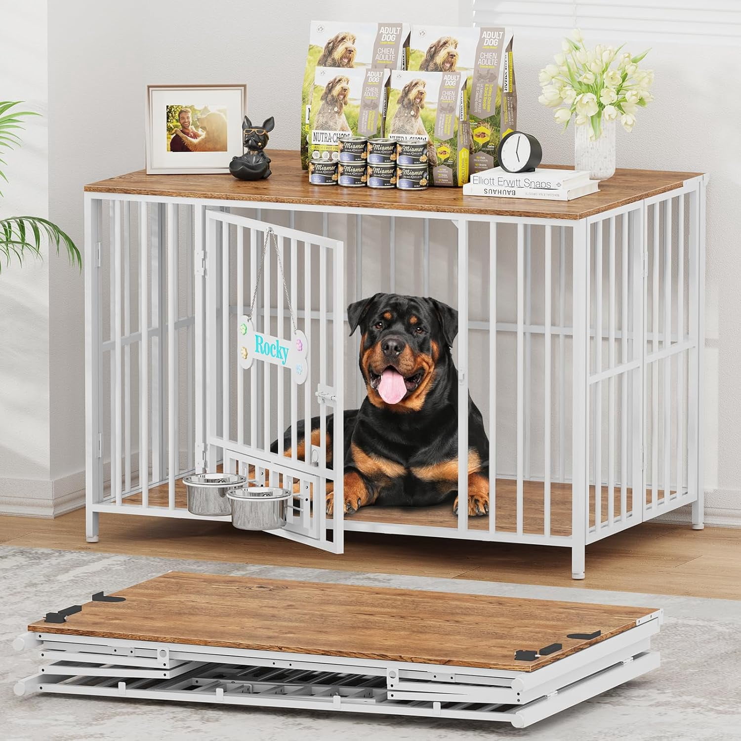 POAO 43"Dog Crate Furniture Foldable, No Assembly Dog Kennel Indoor for ...