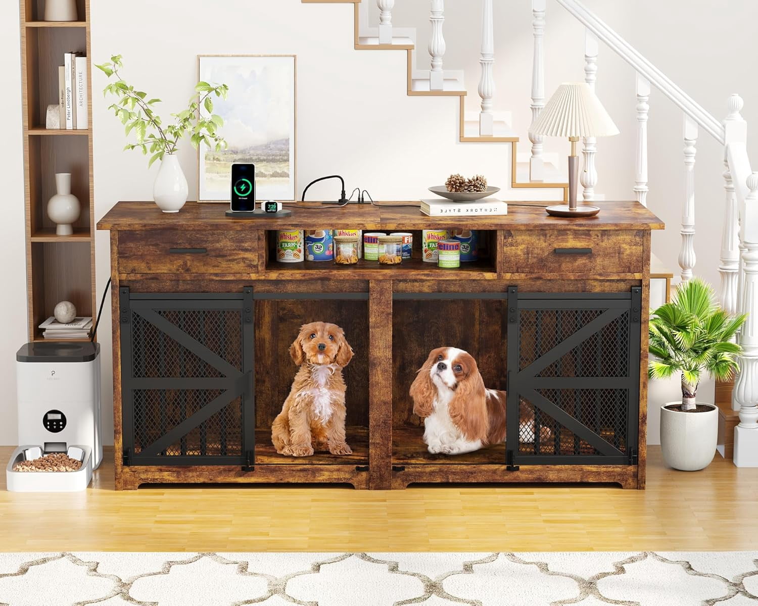 POAO 63in Double Dog Crate Furniture with Sliding Door and Detachable ...