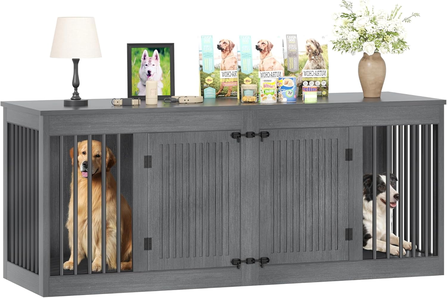 POAO 72" Double Dog Crate Furniture, Heavy Duty Dog Kennel for 2 Large ...