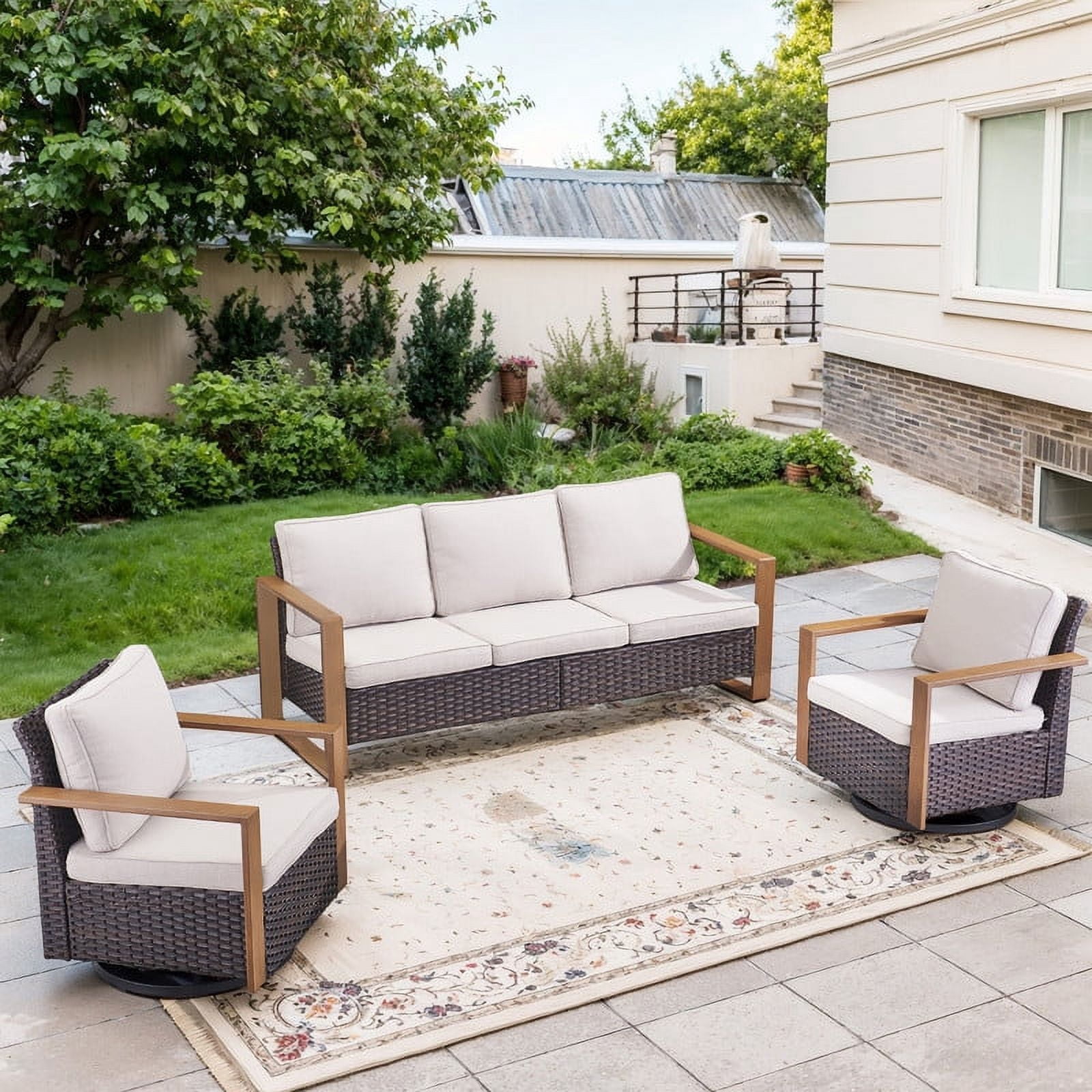 POCASSY 3 Pieces Patio Furniture Set with 3-Seater Sofa and 2 Swivel ...
