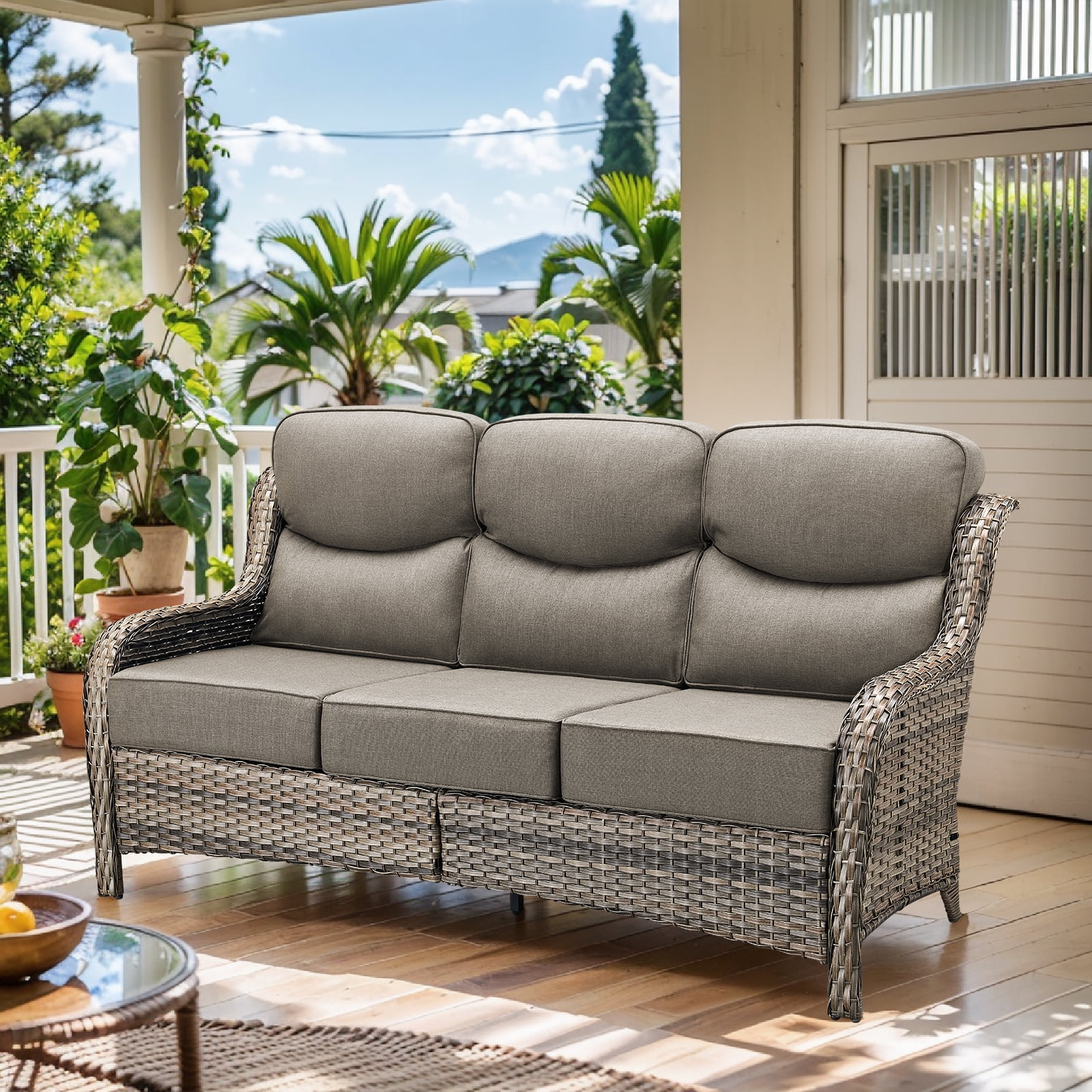 POCASSY 6 Inch Thick Cushion High Back Outdoor Wicker Patio Sofa, All ...