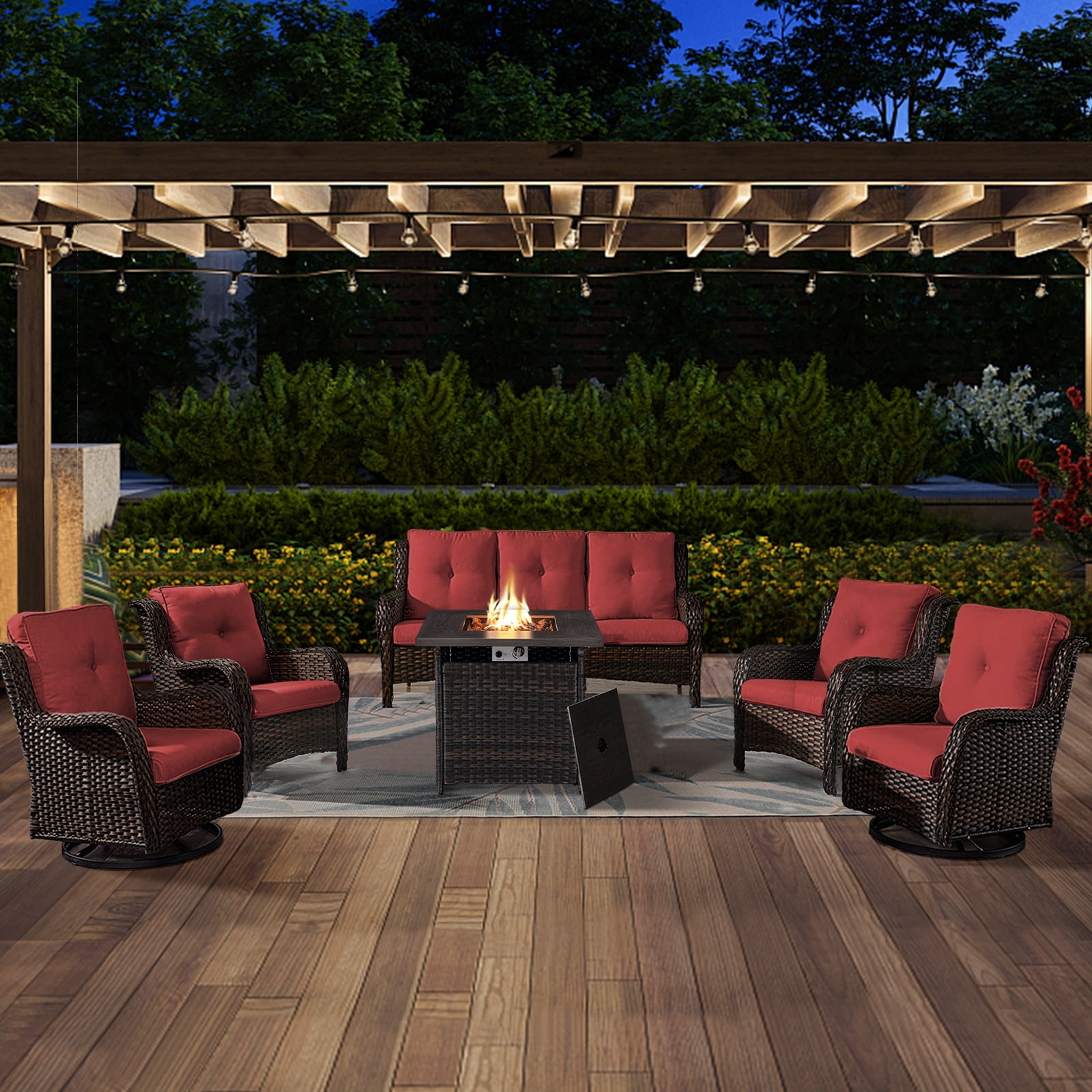 POCASSY 6 Pieces Wicker Patio Furniture Set with Propane Fire Pit Table ...