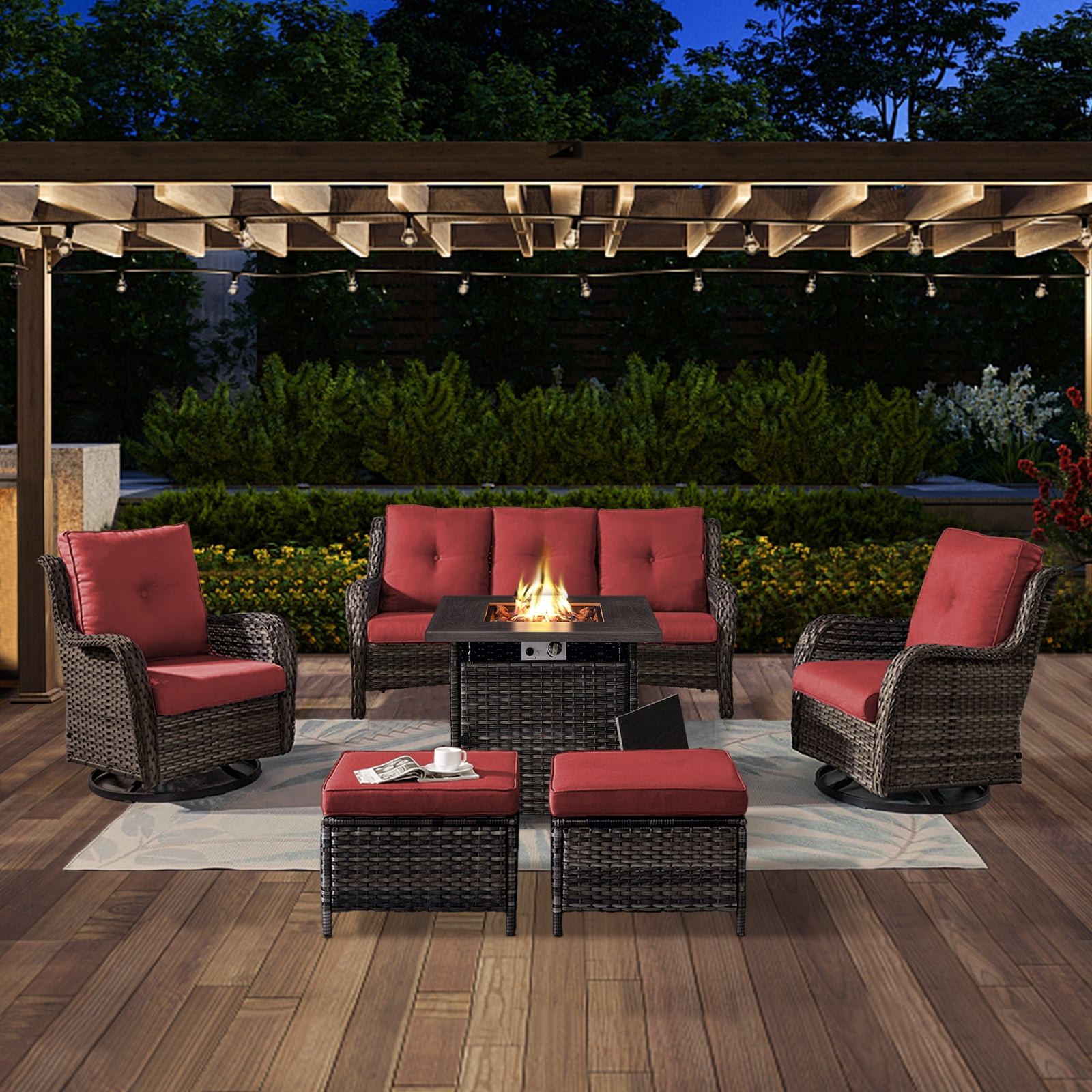 POCASSY 6PCS Patio Furniture Set with Fire Pit Table, Weather-Resistant ...