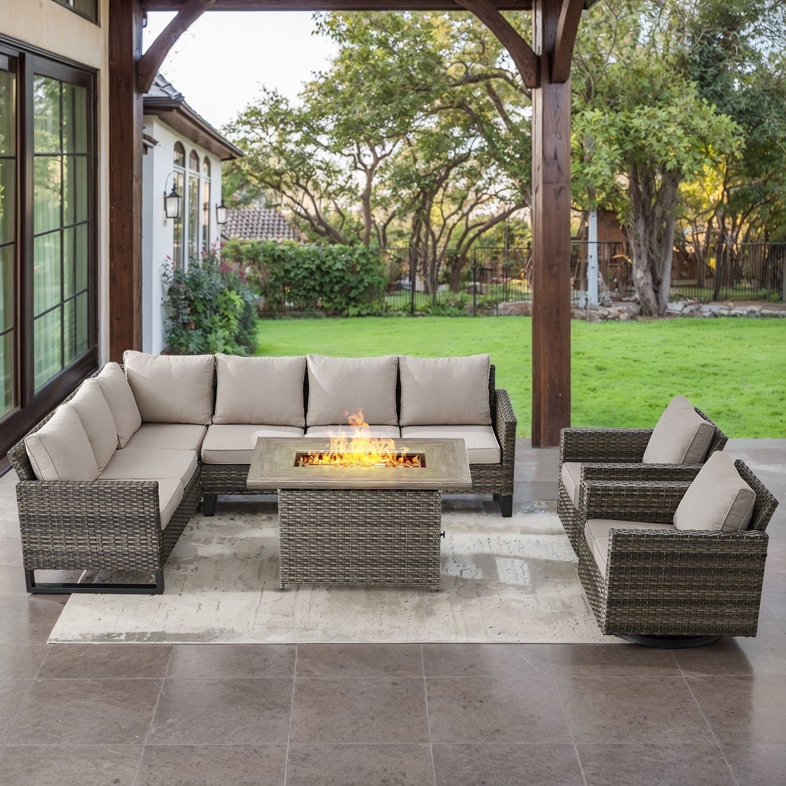 OPOHORO 6PCS Patio Furniture Set with Propane Fire Pit, Gray Wicker ...