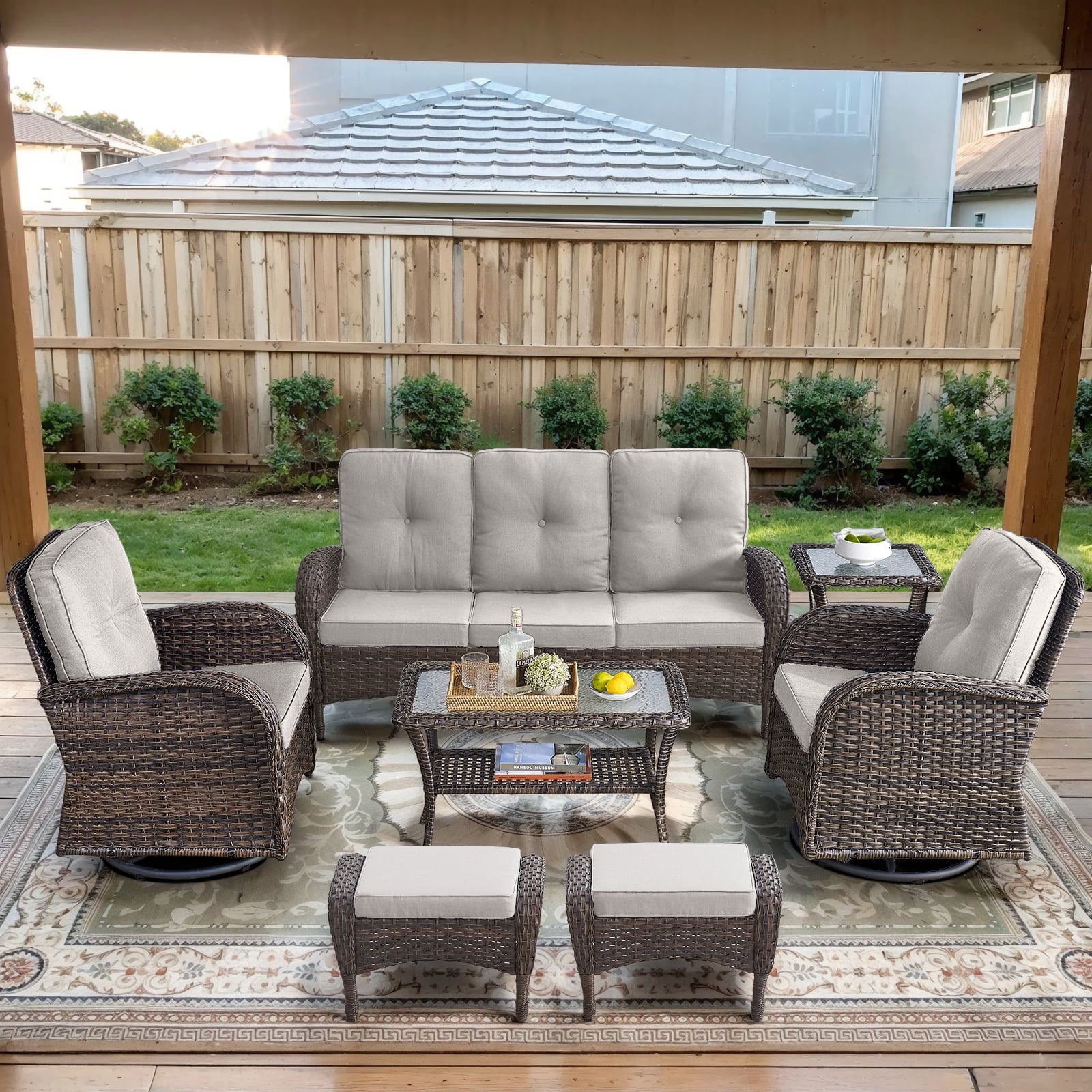 POCASSY 7 Pieces Patio Furniture Set All Weather Wicker Conversation ...
