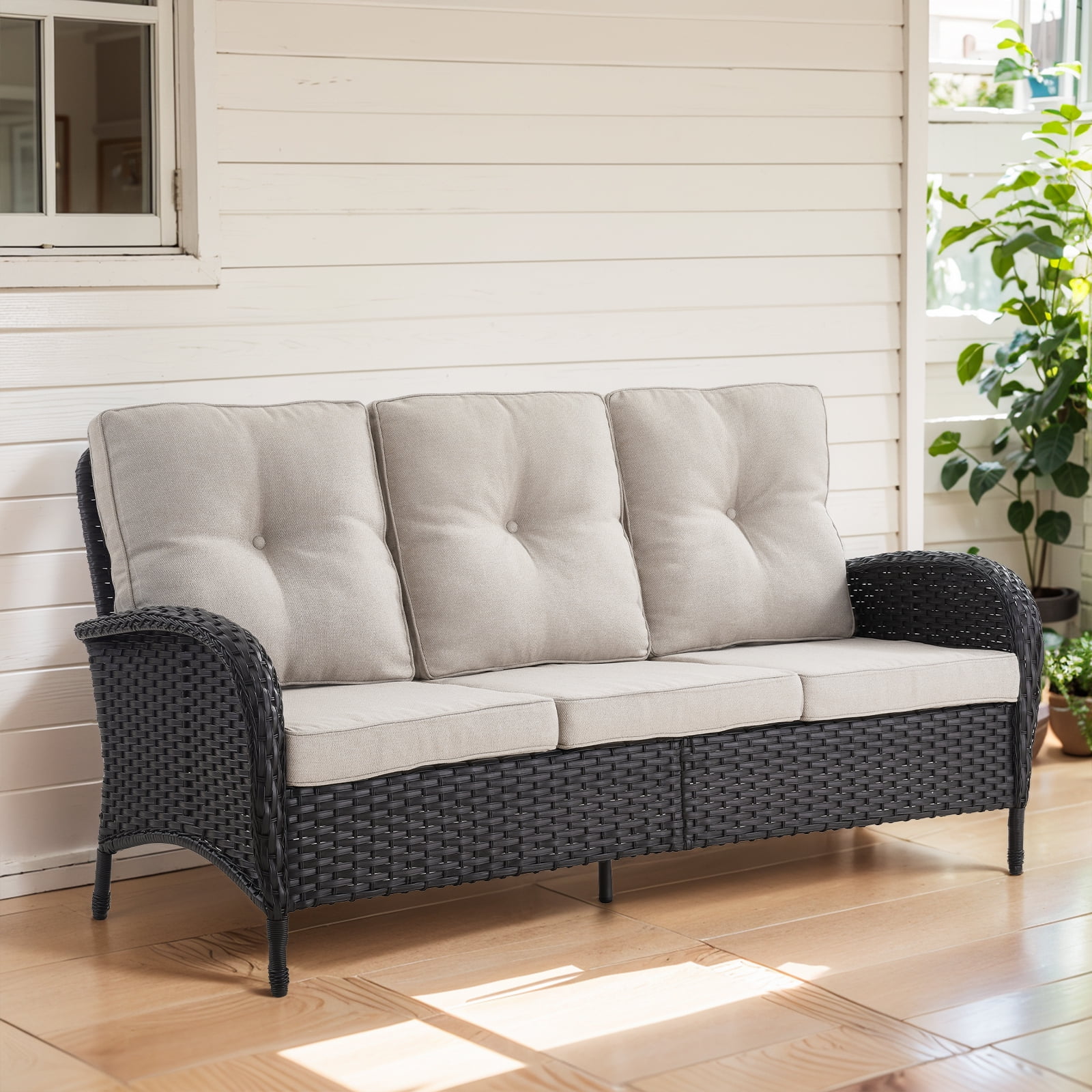POCASSY 72" Wide Patio Couch Furniture Black Wicker Outdoor Sofa ...