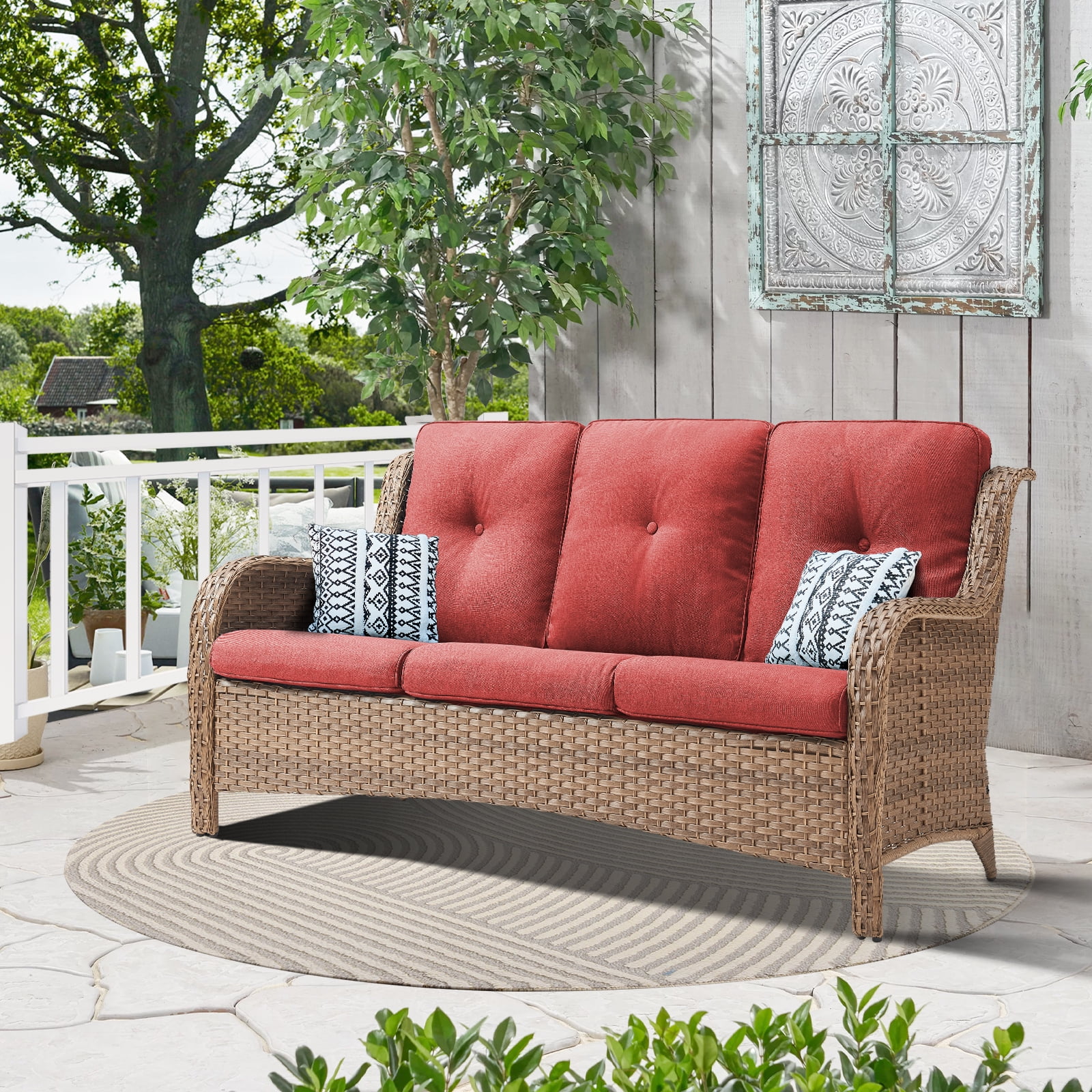 POCASSY 74" Wide Outdoor Wicker Patio Sofa with Cushions, All Weather ...