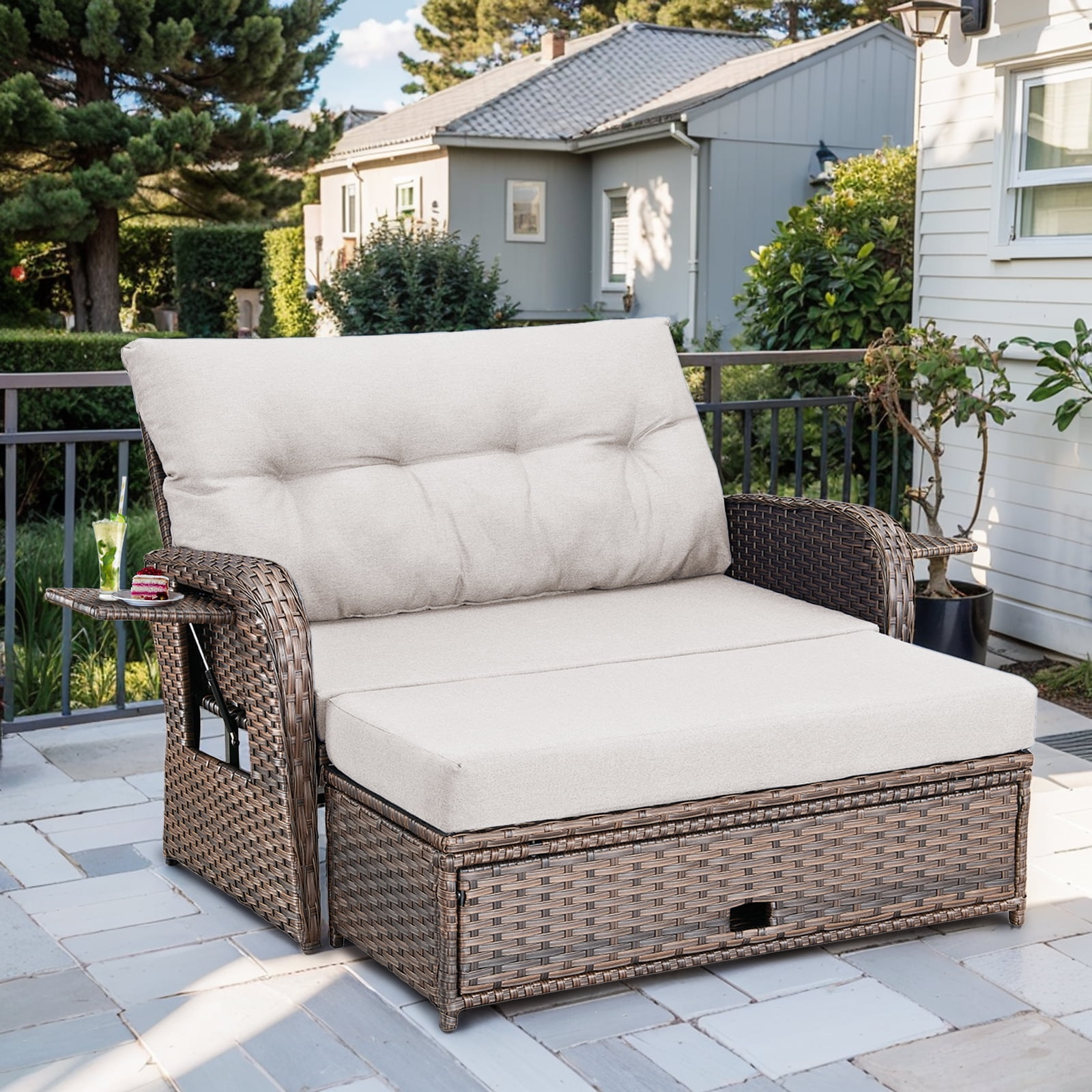 POCASSY Adjustable Patio Daybed Set, Outdoor Wicker Daybed with ...