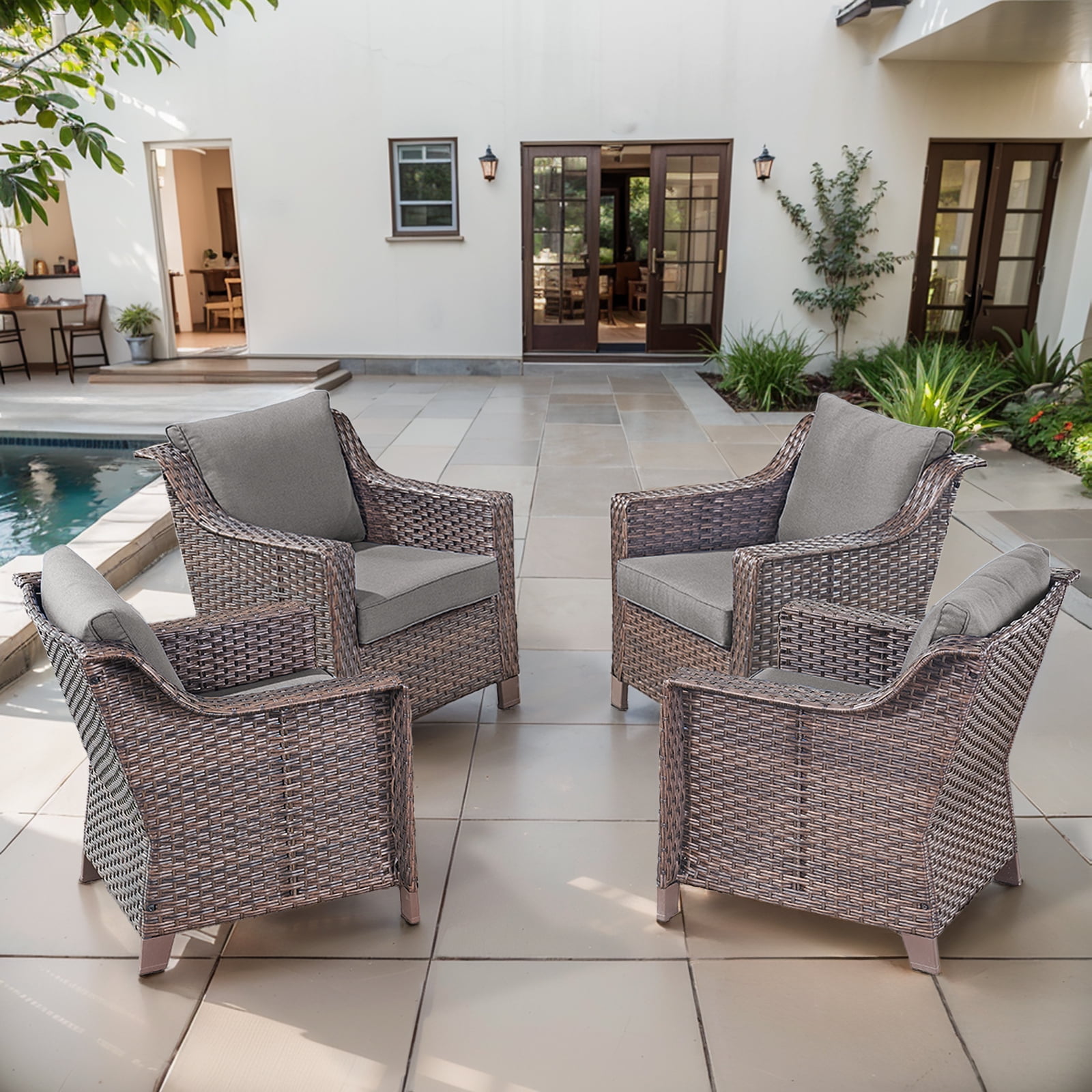 POCASSY Outdoor Chairs Set of 4 with All Weather Resistant Brown Rattan ...