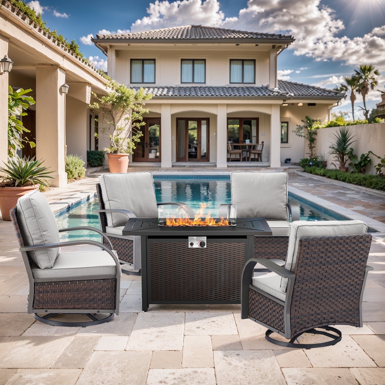 POCASSY Outdoor Fire Pit Conversation Set with Patio Swivel Chairs Set ...