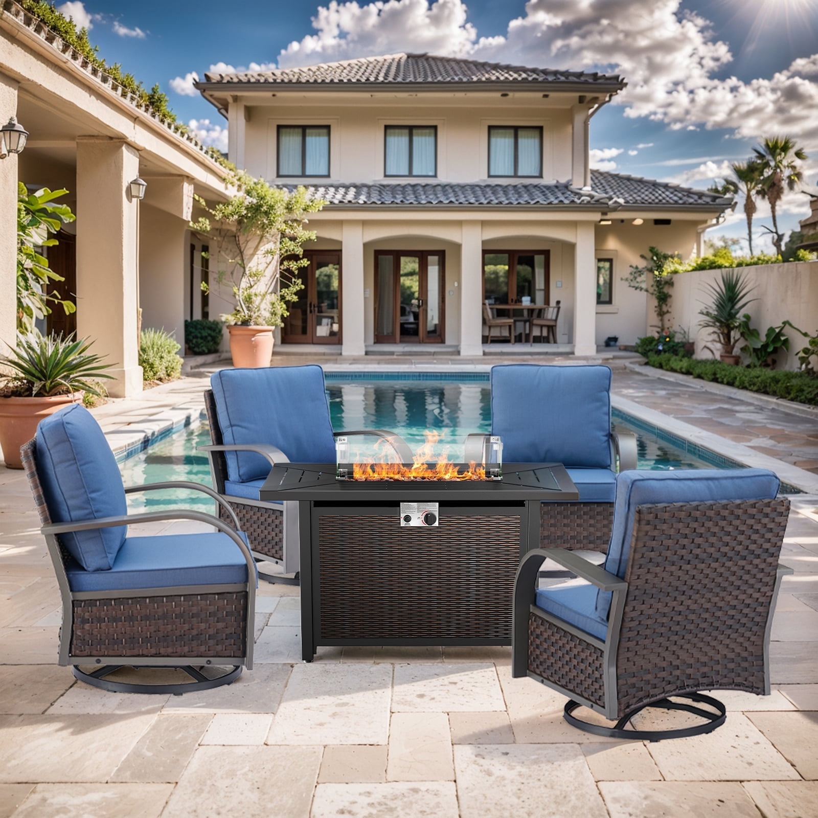 POCASSY Outdoor Fire Pit Conversation Set with Patio Swivel Chairs Set ...
