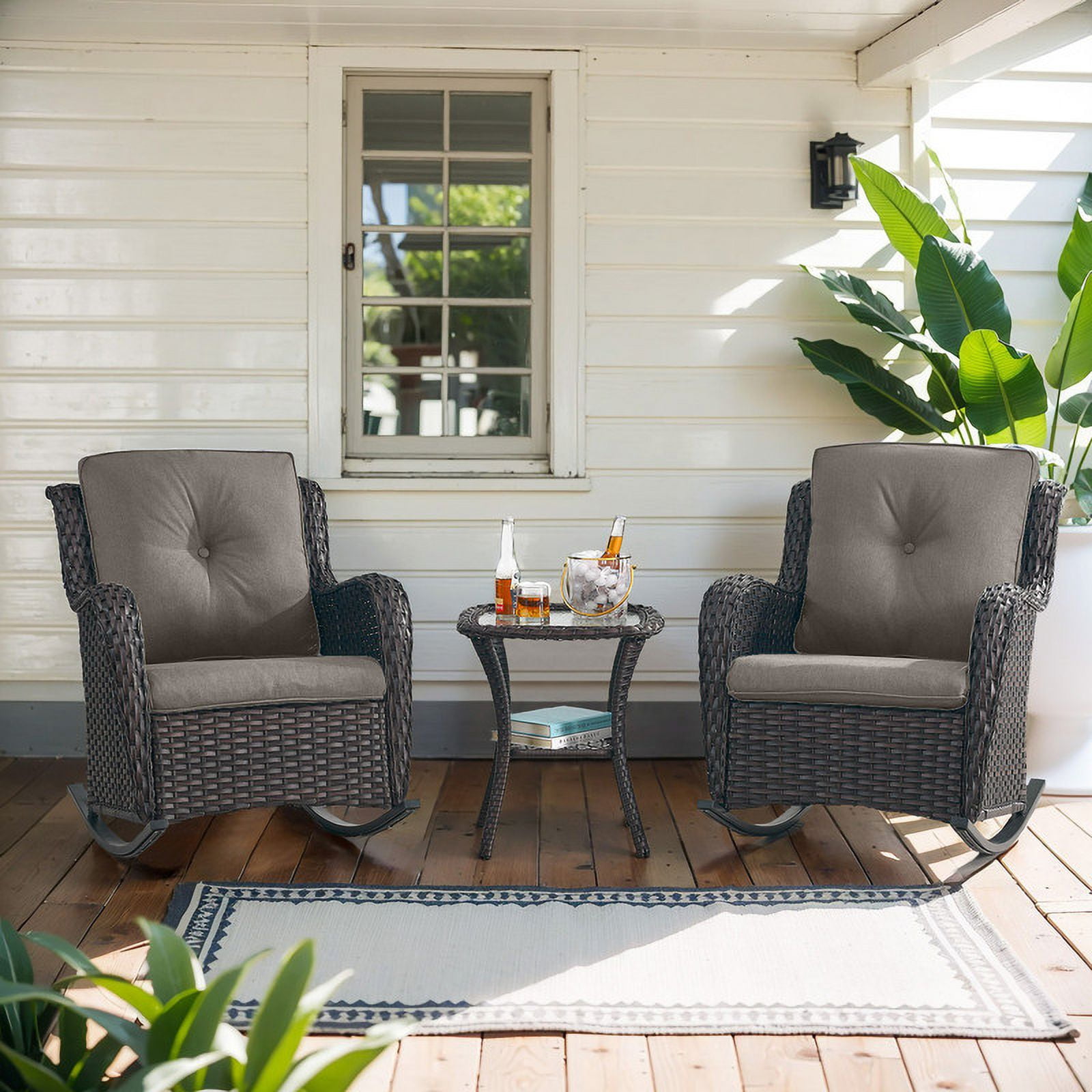 POCASSY Outdoor Patio Wicker Rocking Chair Set with Side Table ...