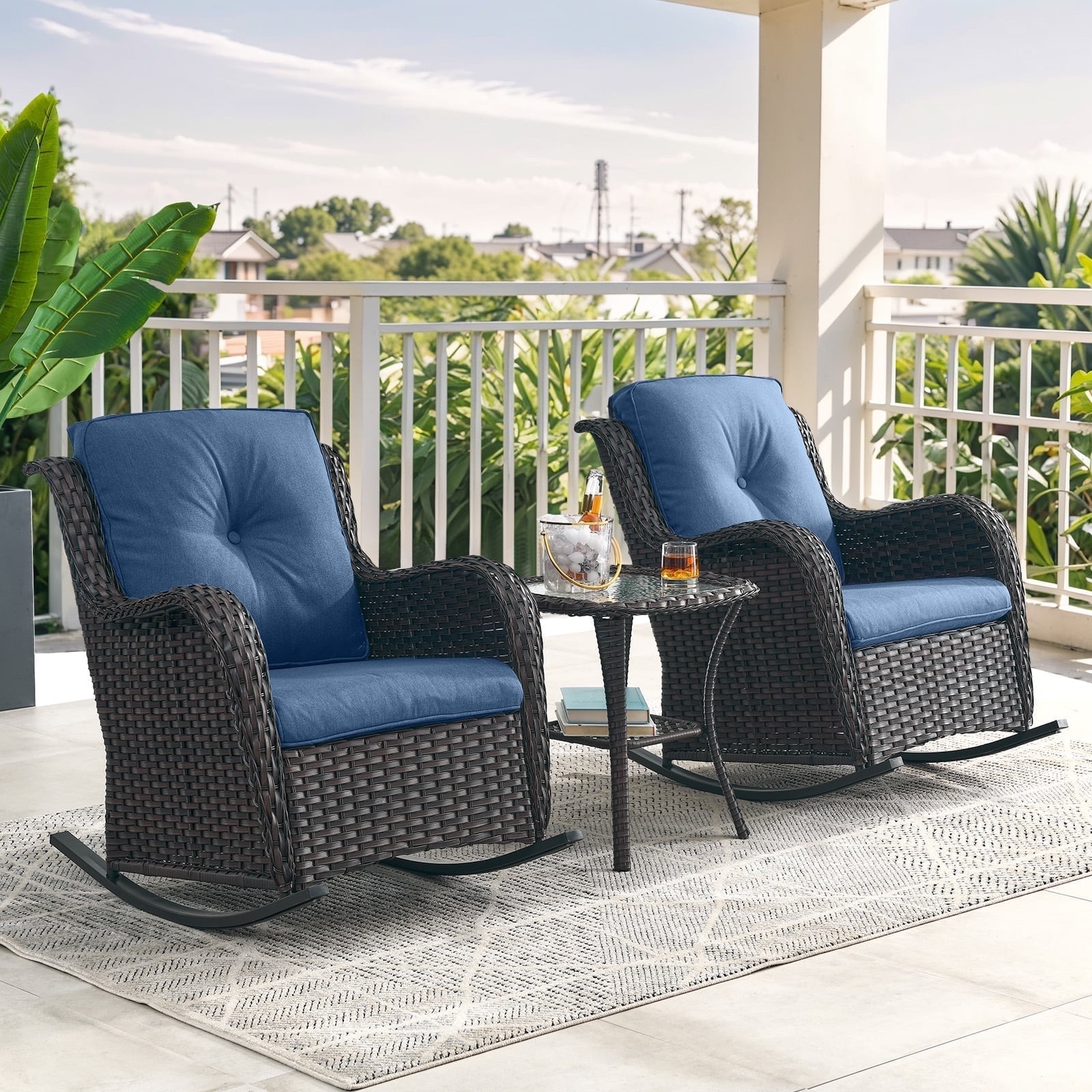 POCASSY Outdoor Patio Wicker Rocking Chair Set with Side Table ...