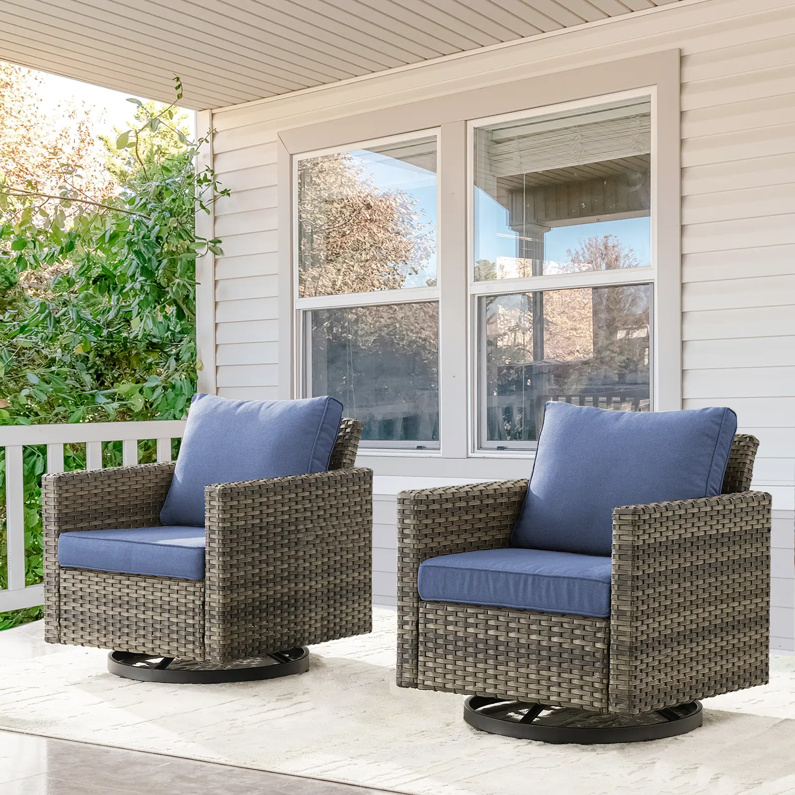 Pocassy, Outdoor Rocking Chair Set of 2, Blue, All Weather Wicker ...