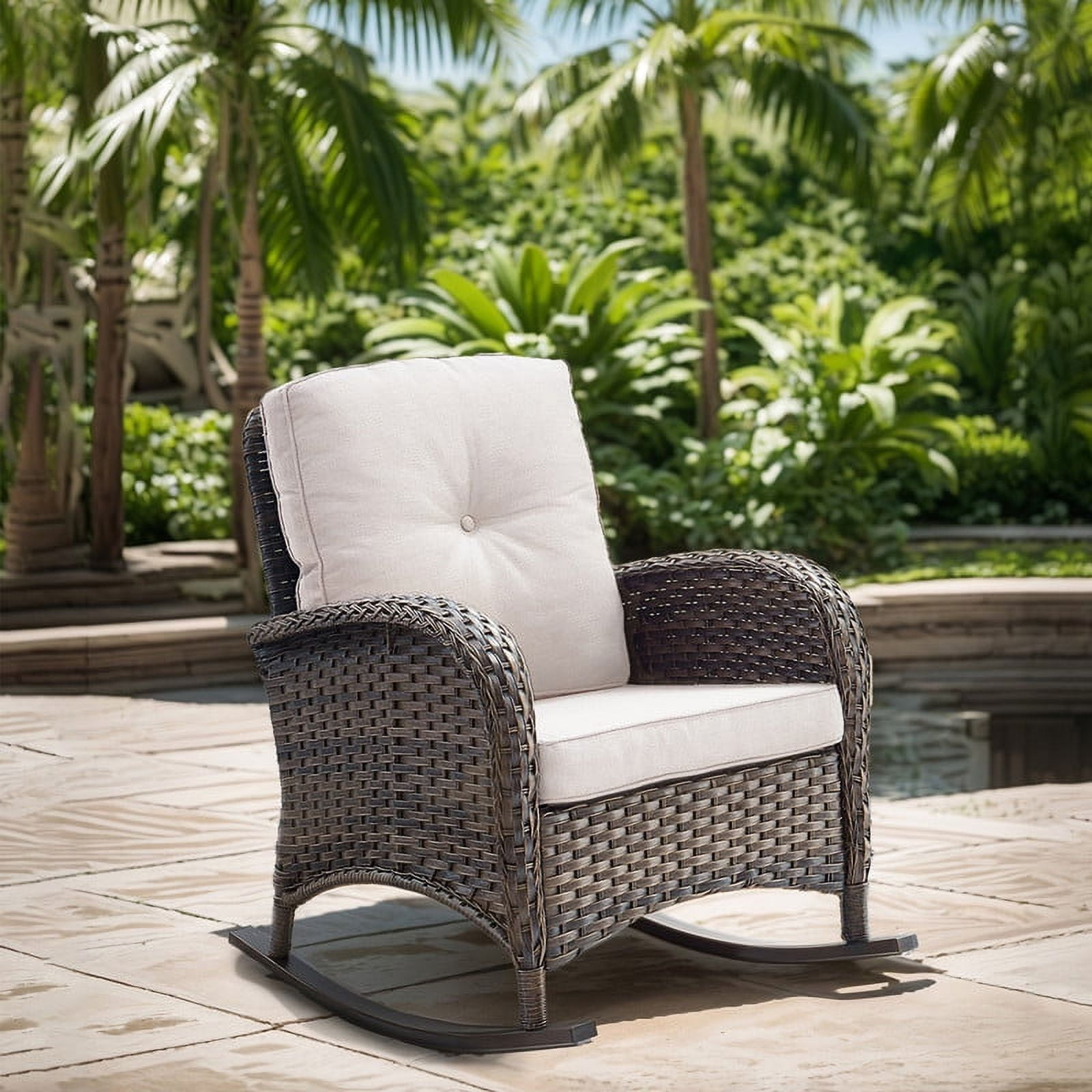 POCASSY Outdoor Rocking Chair with Cushions, 1PC All Weather Wicker ...
