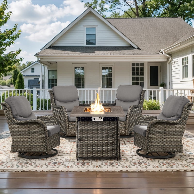 POCASSY Outdoor Swivel Chair Set of 4 with 30" Propane Fire Pit Table ...
