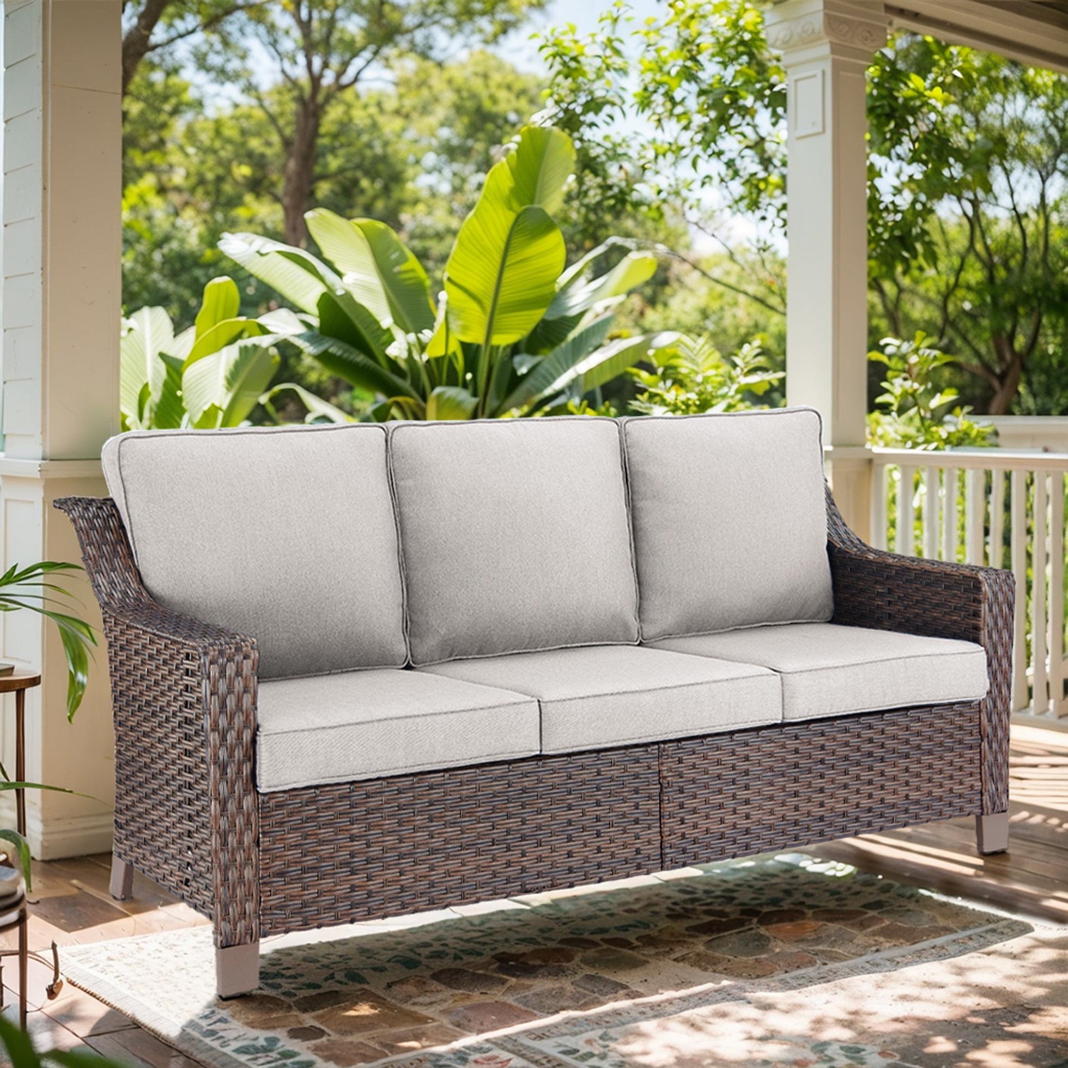 POCASSY Patio Couch with Furniture Cover, Brown Wicker Outdoor Couch ...