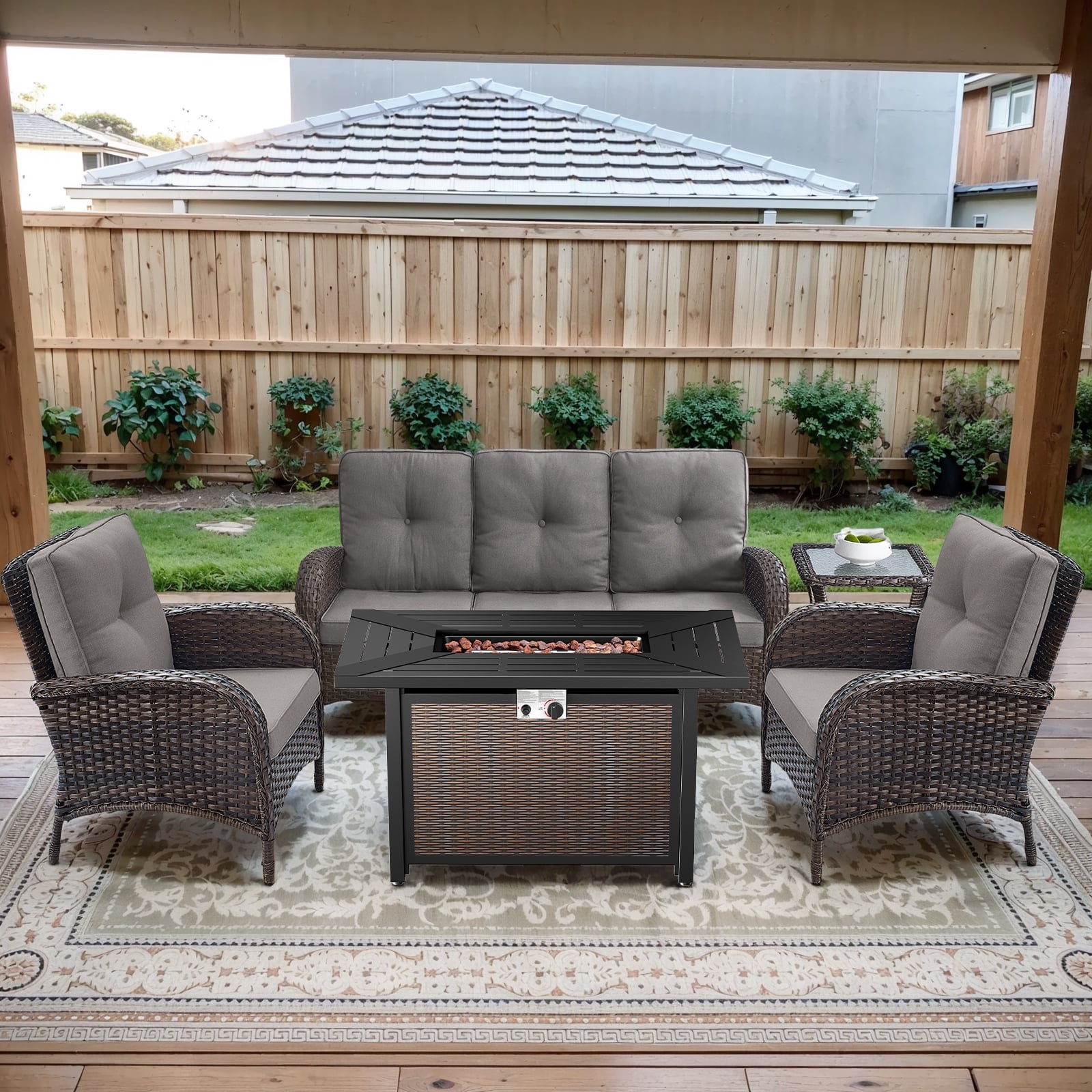 POCASSY Patio Furniture Set with Fire Pit Table, 5 Pieces Wicker Patio ...