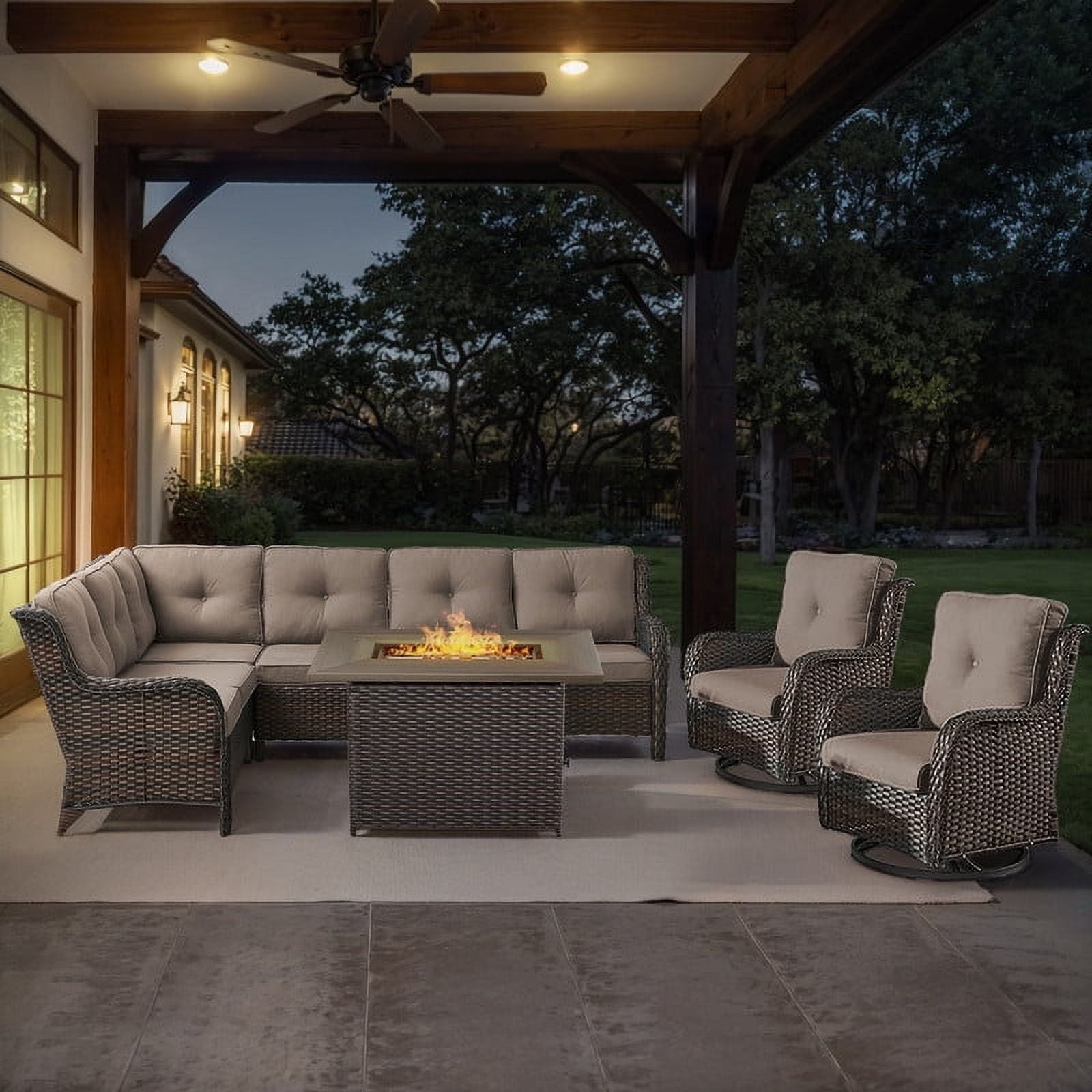 POCASSY Patio Furniture Set with Firepit Table, Brown Wicker Outdoor Conversation Set with Patio ...