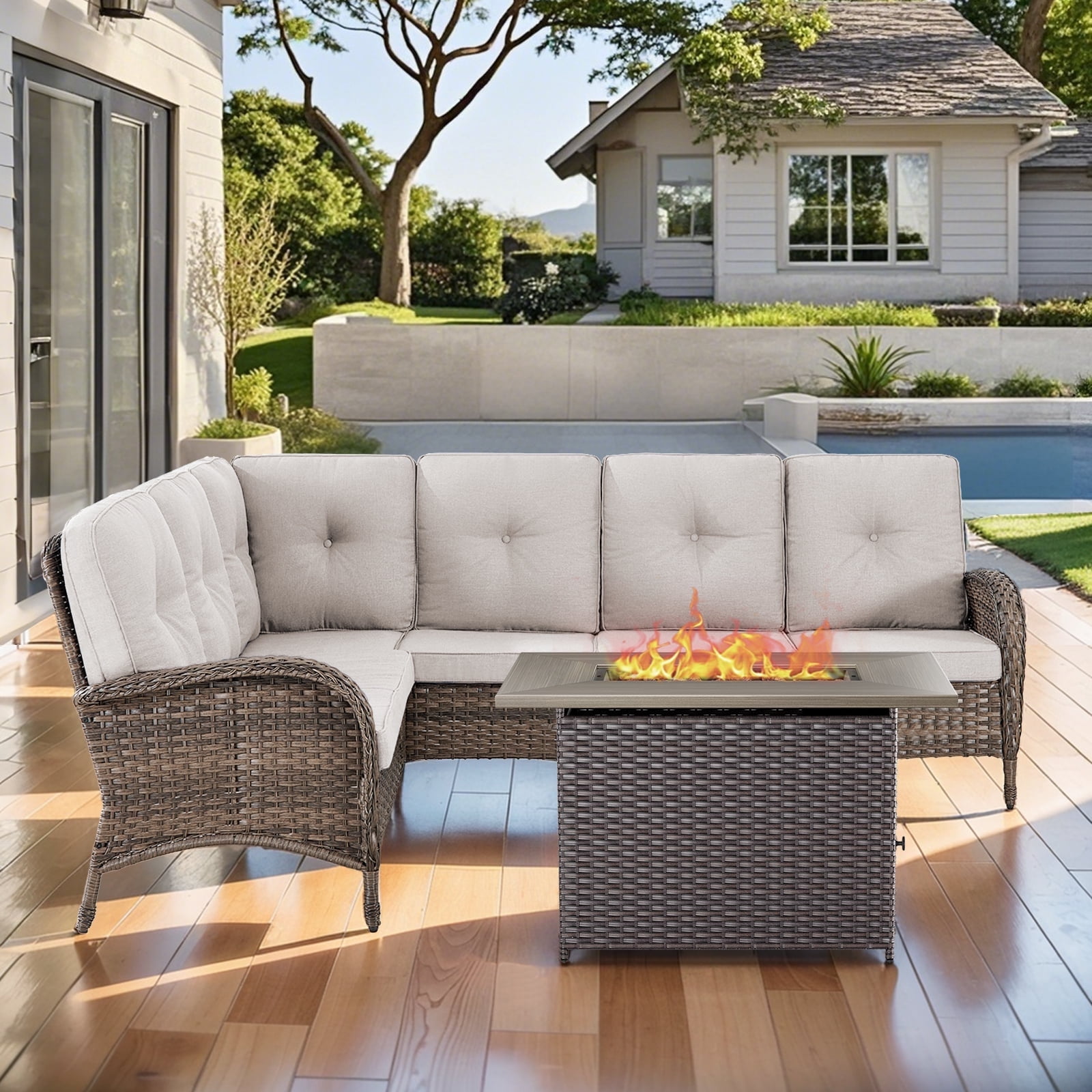 POCASSY Patio Sectional with Fire Pit, L Shaped Sectional Couch with ...