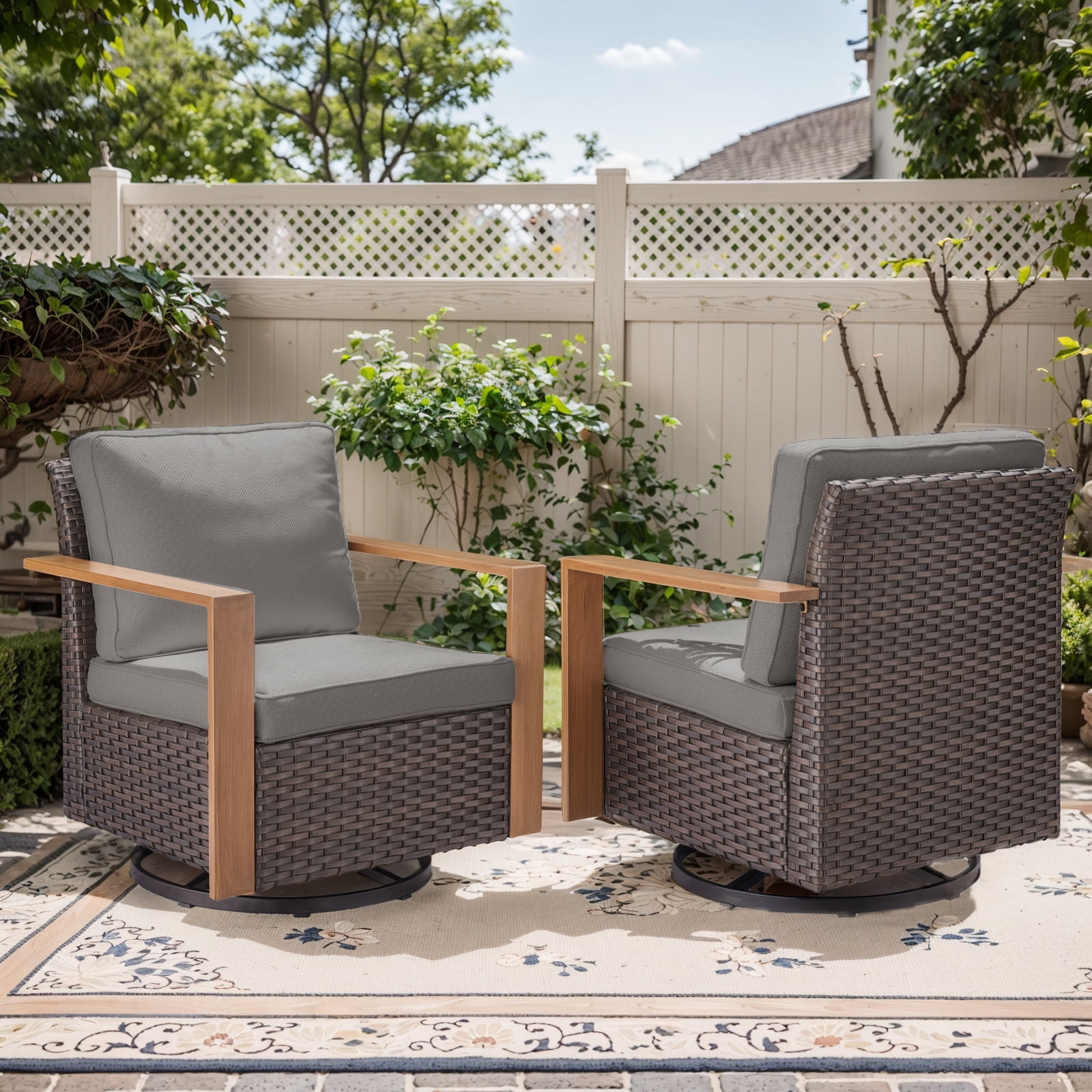 POCASSY Patio Swivel Chairs Set of 2, Outdoor Rocking Chairs with Wood ...