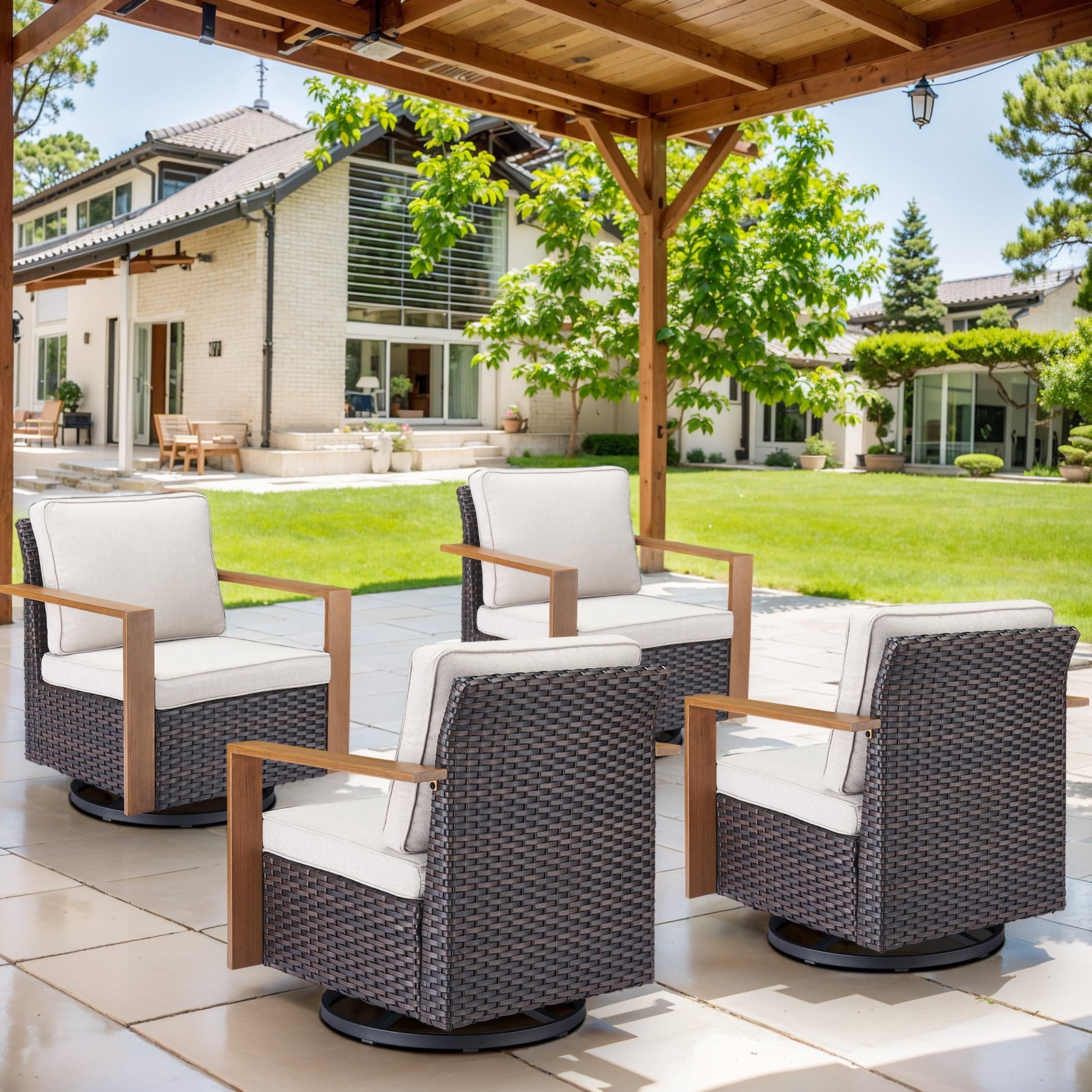 POCASSY Patio Swivel Chairs Set of 4, Outdoor Rocking Chairs with Wood ...